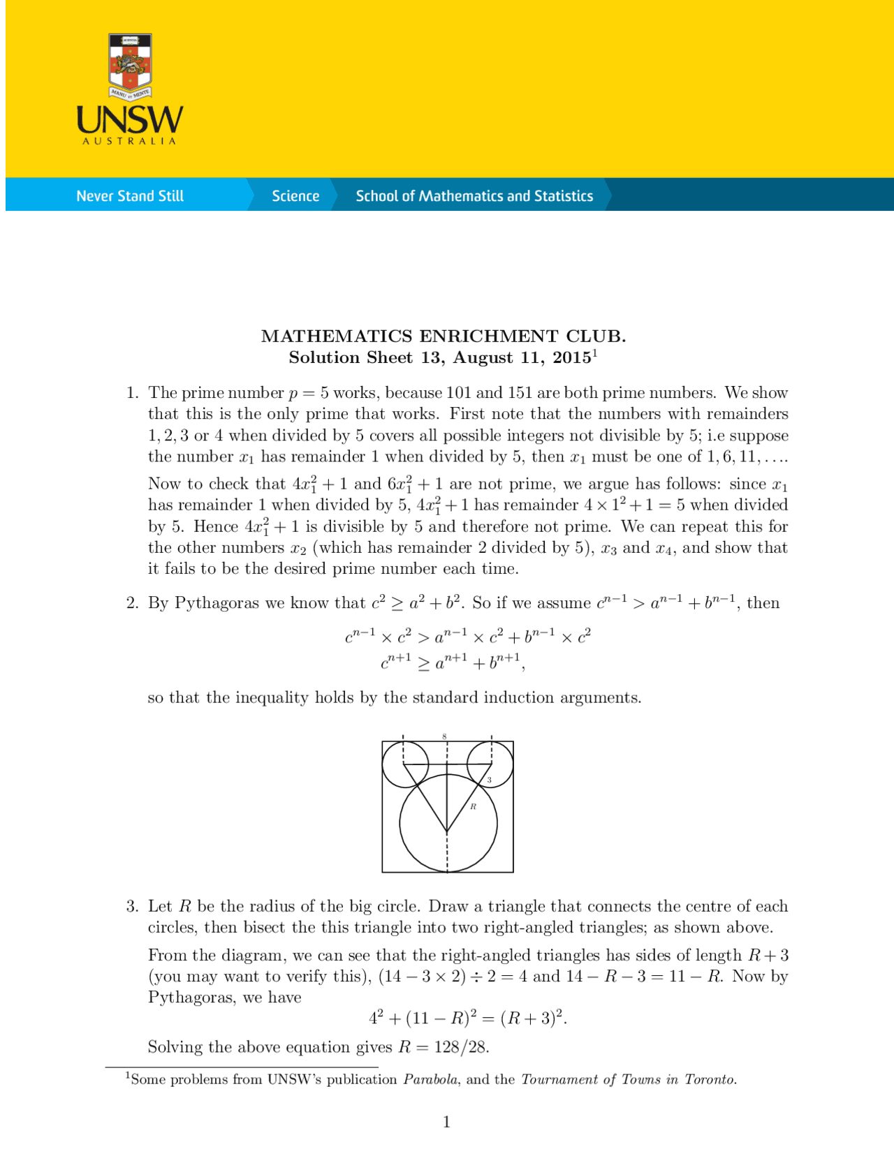 Mathematics Enrichment Club Solution Sheet 13 Summaries Mathematics