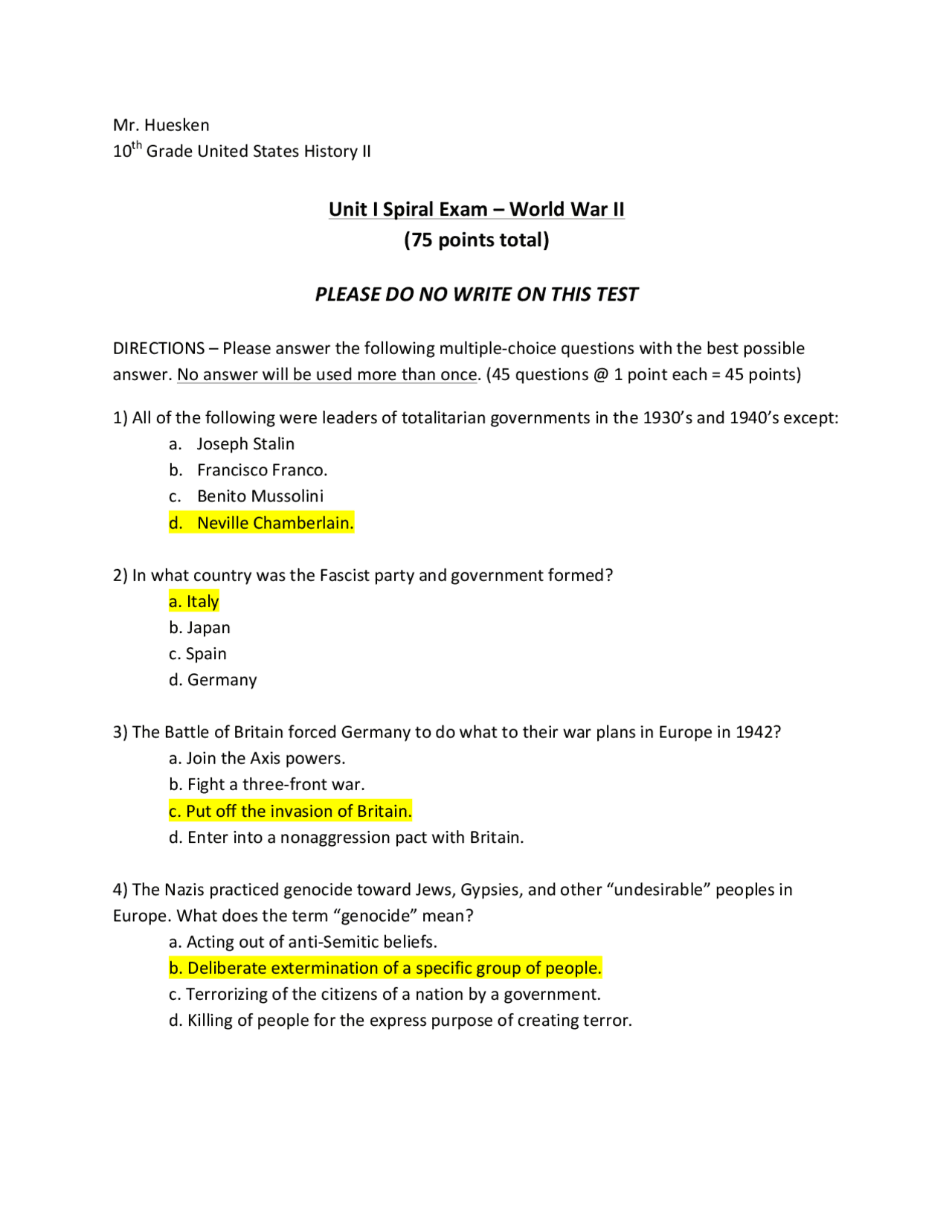 Unit I Spiral Exam – World War II (75 points total) | Exams History of ...