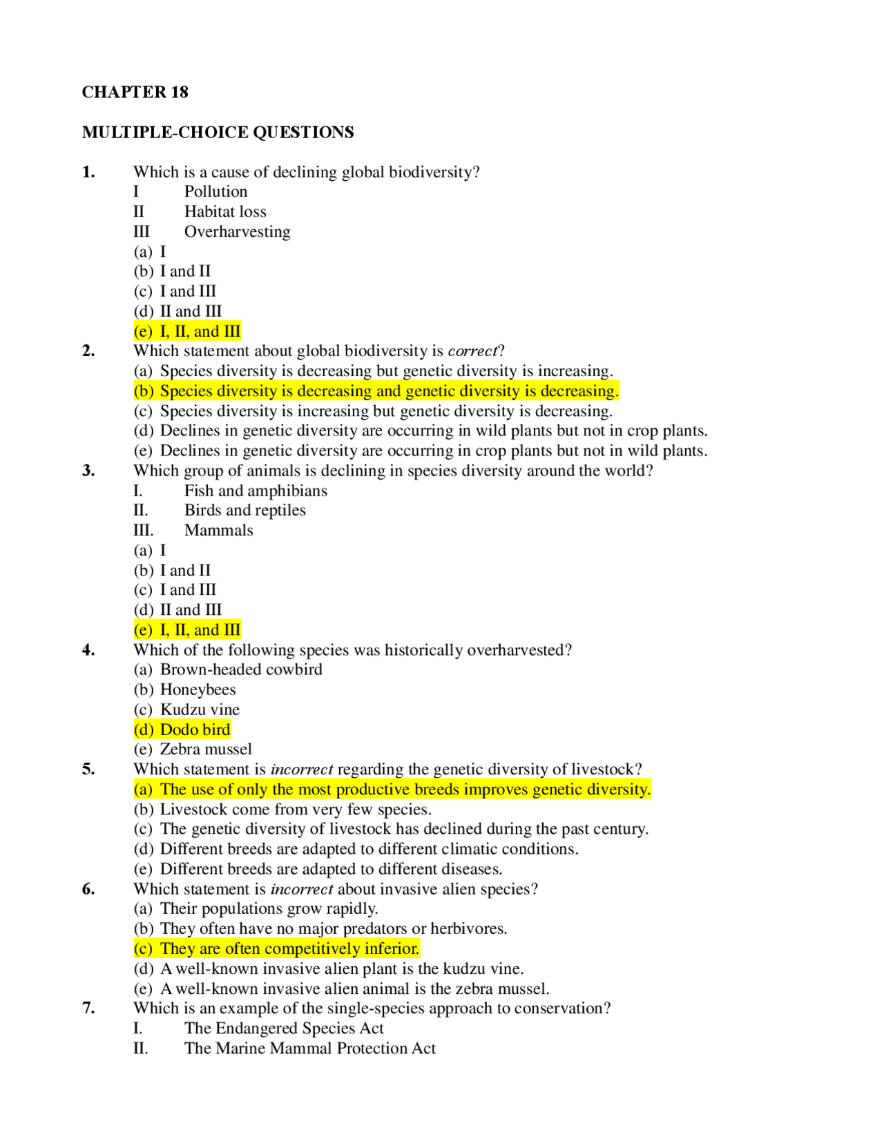 Chapter 18 Multiple Choice Questions Exams Environmental Science
