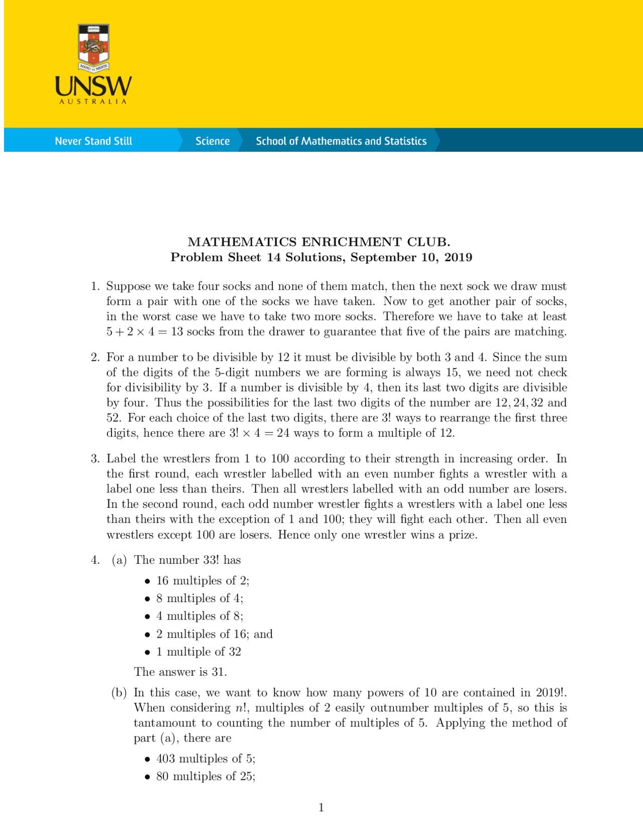 Mathematics Enrichment Club Problem Sheet 14 Solutions Summaries