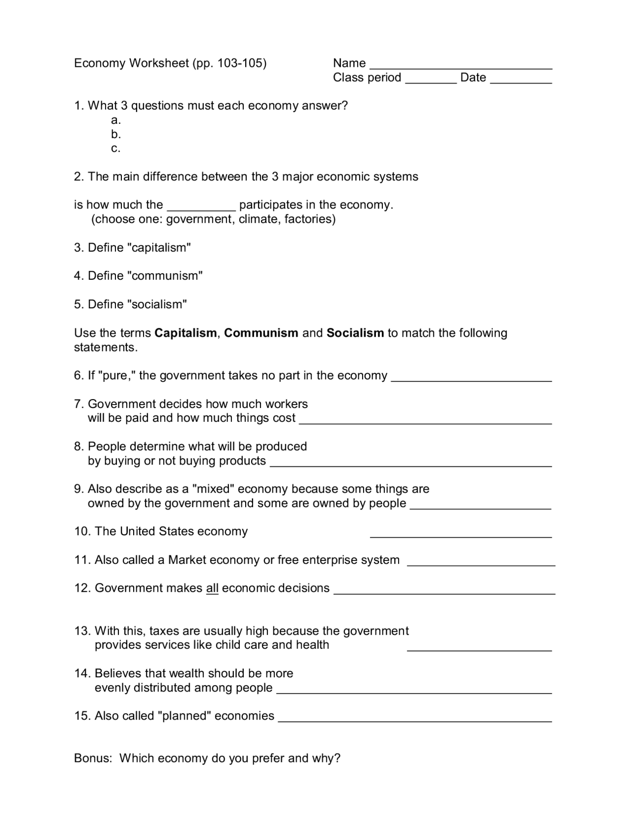 Economy Worksheet | Slides Political Economy | Docsity