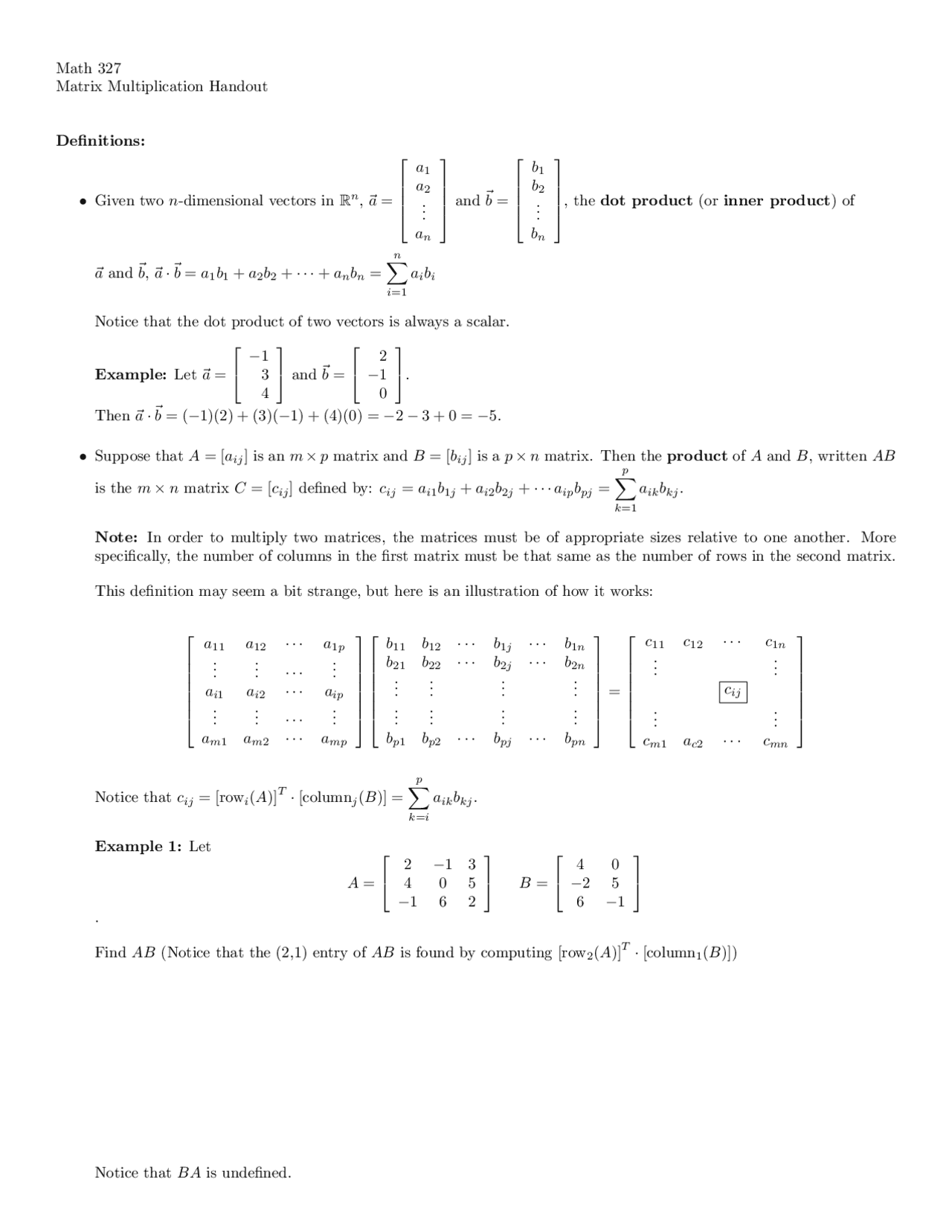Matrix Multiplication Handout | Schemes and Mind Maps Linear Algebra | Docsity