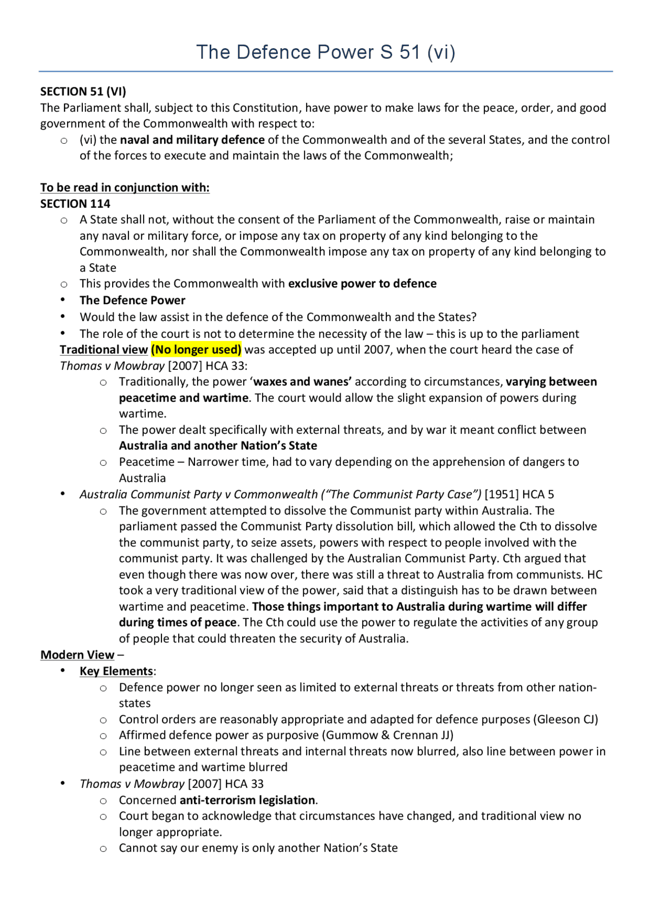 The Defence Power S 51 Vi Schemes And Mind Maps Law Docsity