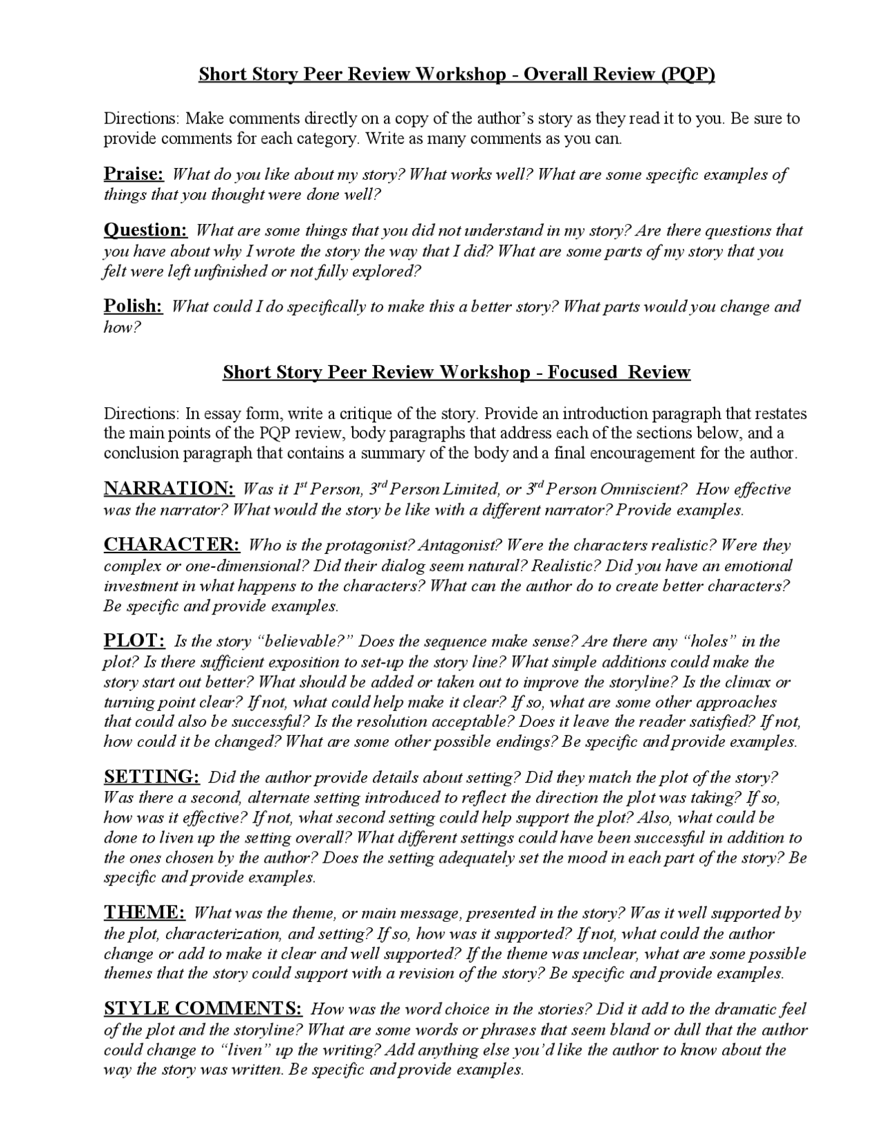 Short Story Peer Review Workshop | Exams Creative writing | Docsity