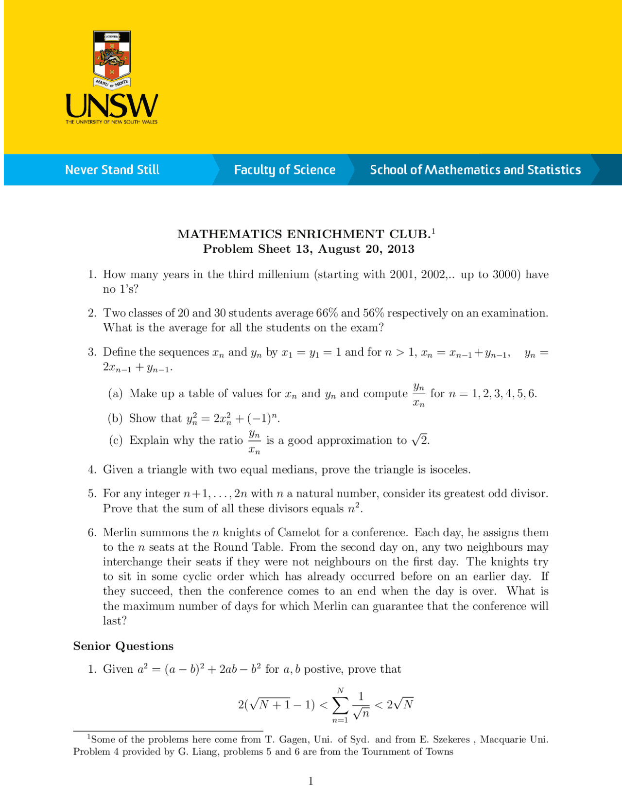 Mathematics Enrichment Club Problem Sheet 13 | Study notes Mathematics ...