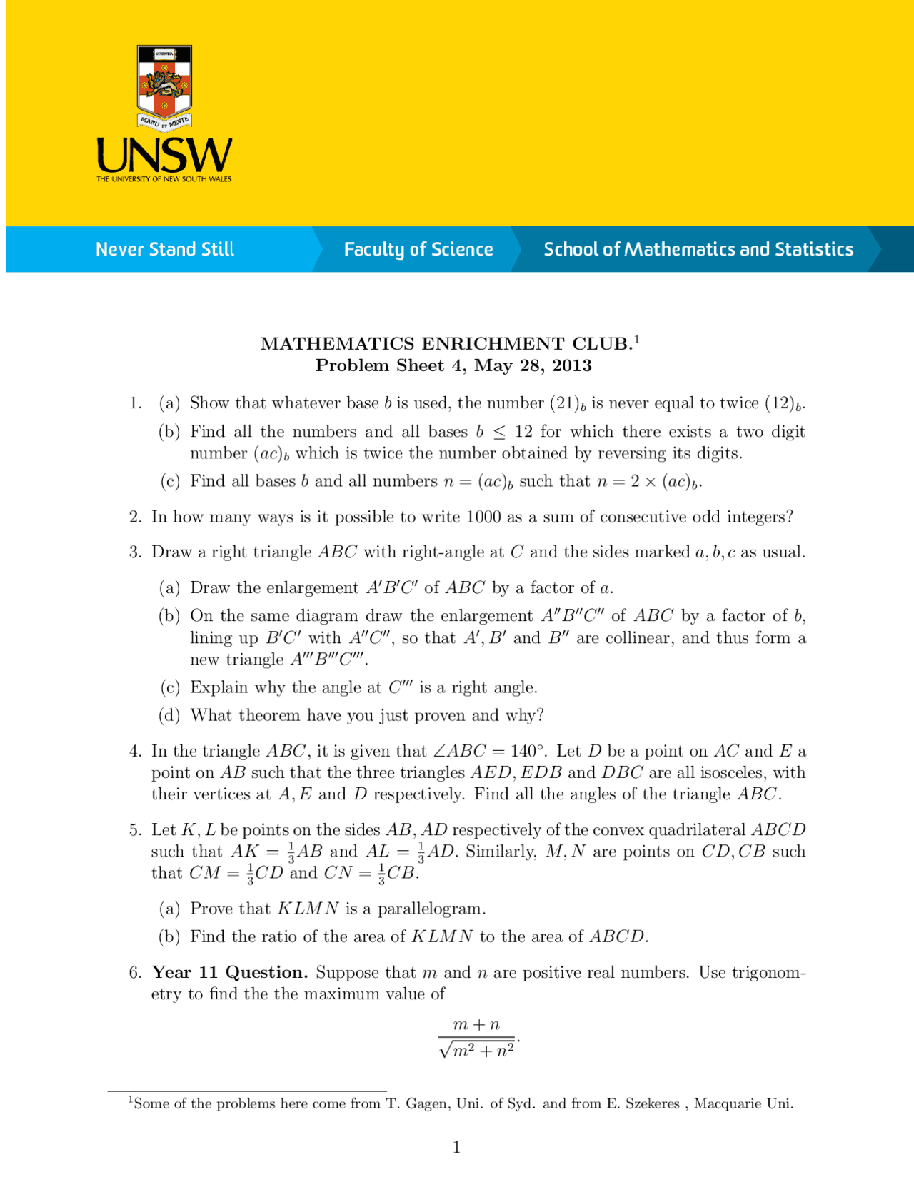 Mathematics Enrichment Club Problem Sheet 4 Exercises Mathematics