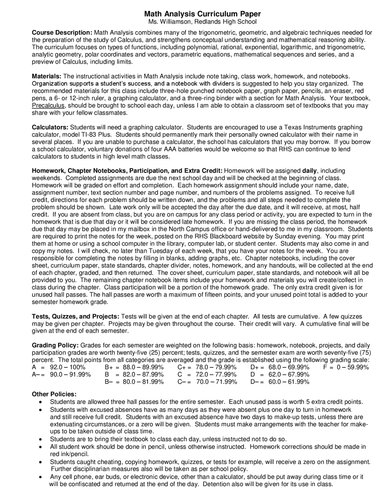 Math Analysis Curriculum Paper | Exercises Calculus | Docsity