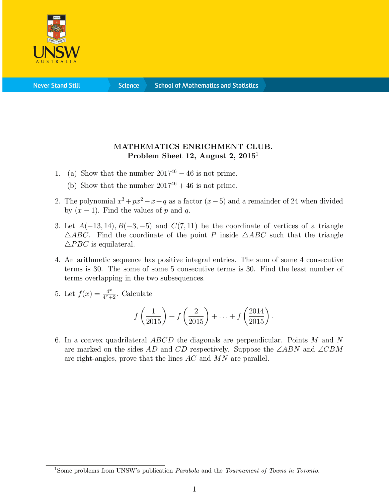 Mathematics Enrichment Club Problem Sheet 12 Lecture Notes