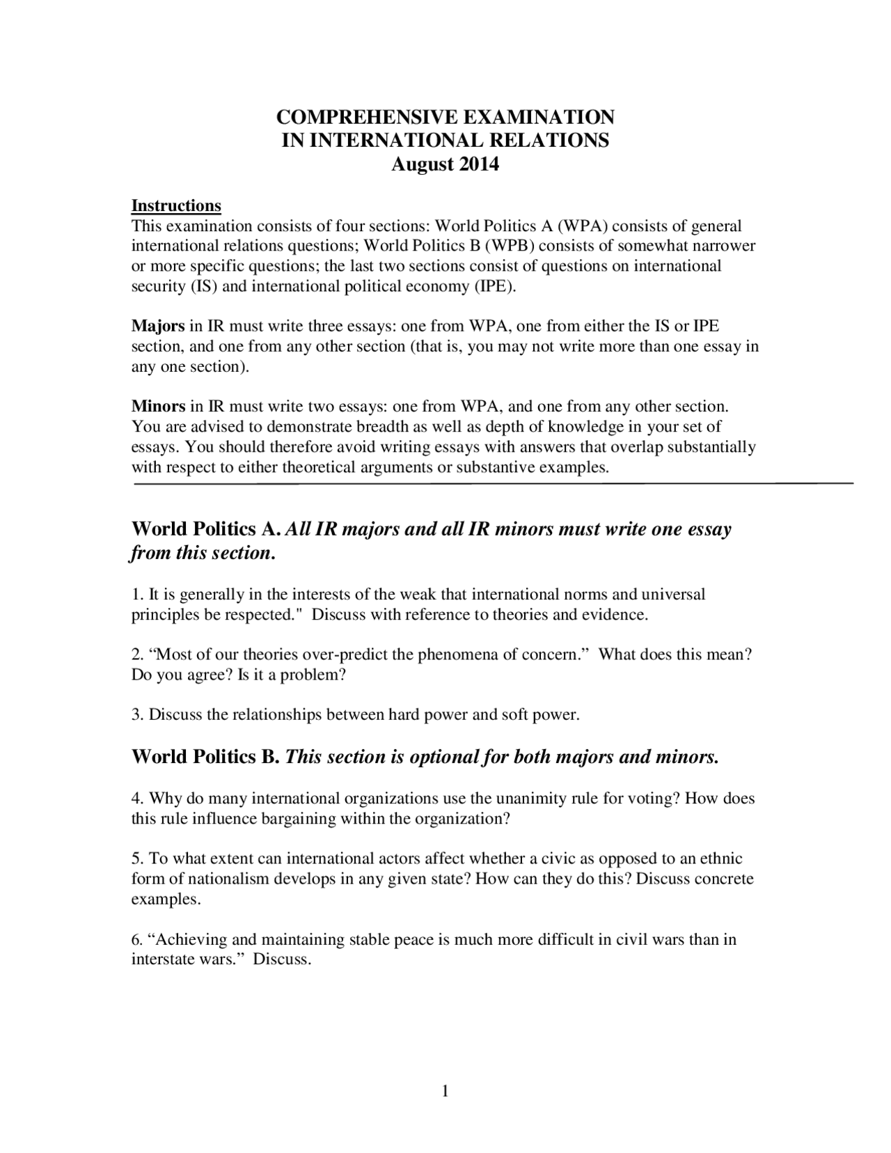 Comps Questions For Jan 14 Exams International Relations Docsity