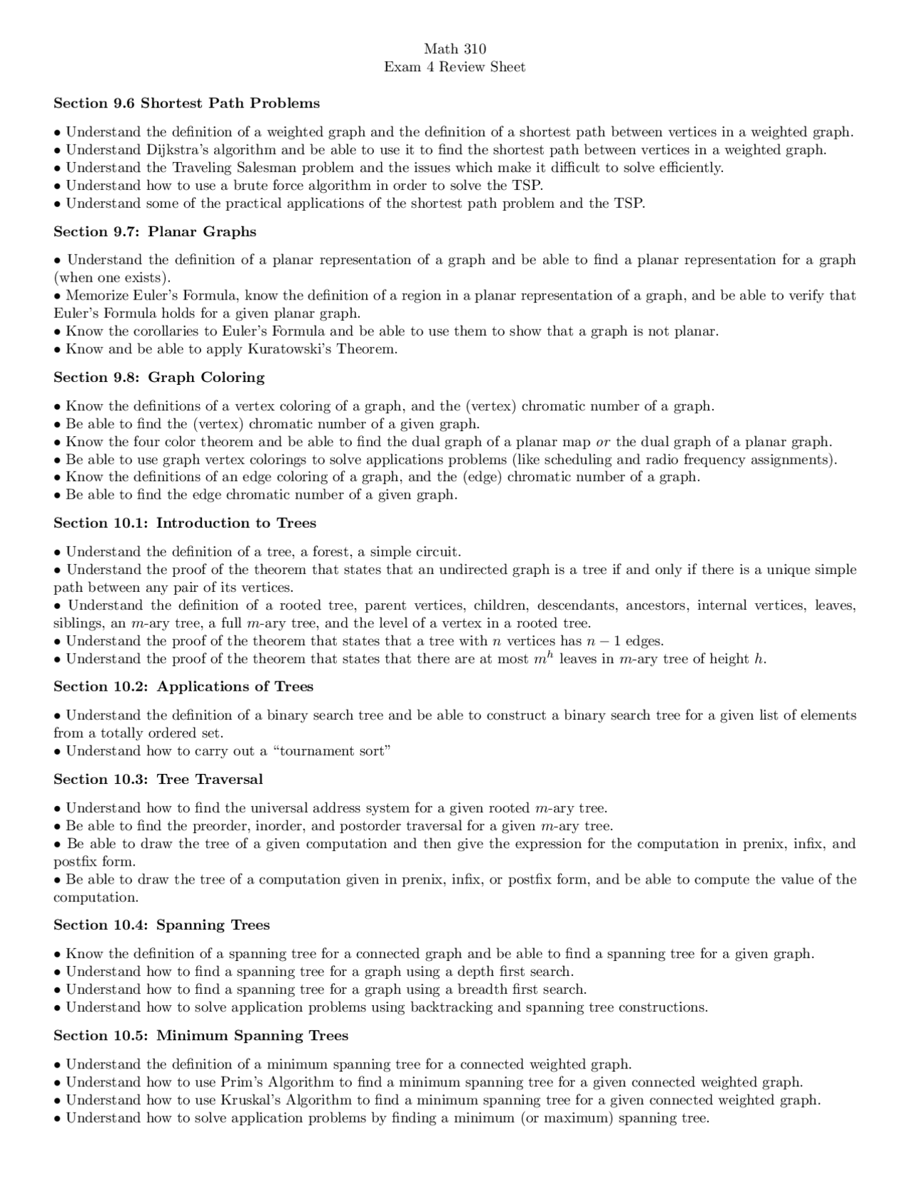 Math 310 Exam 4 Review Sheet Exams Calculus For Engineers Docsity