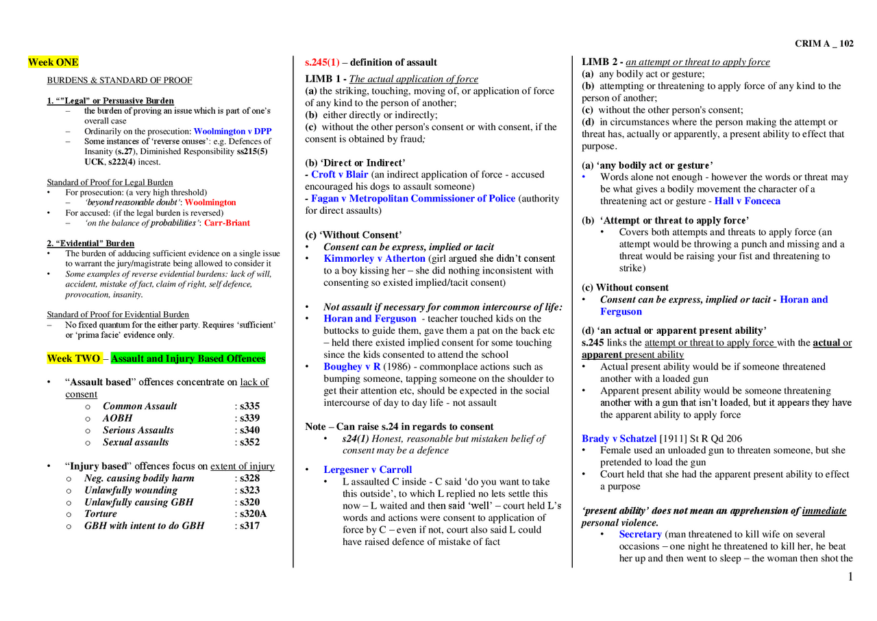 Criminal Law: Burdens and Standard of Proof, Assault and Injury Based ...