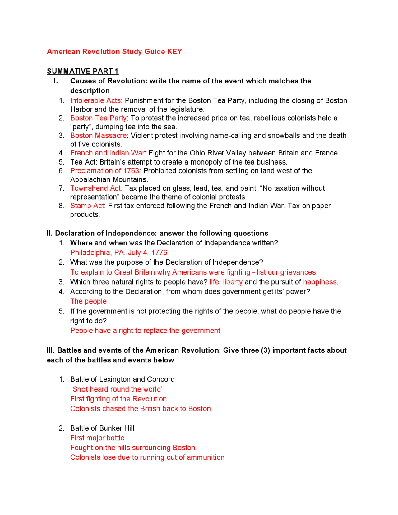 American Revolution Study Guide KEY SUMMATIVE PART 1 I ... | Slides ...