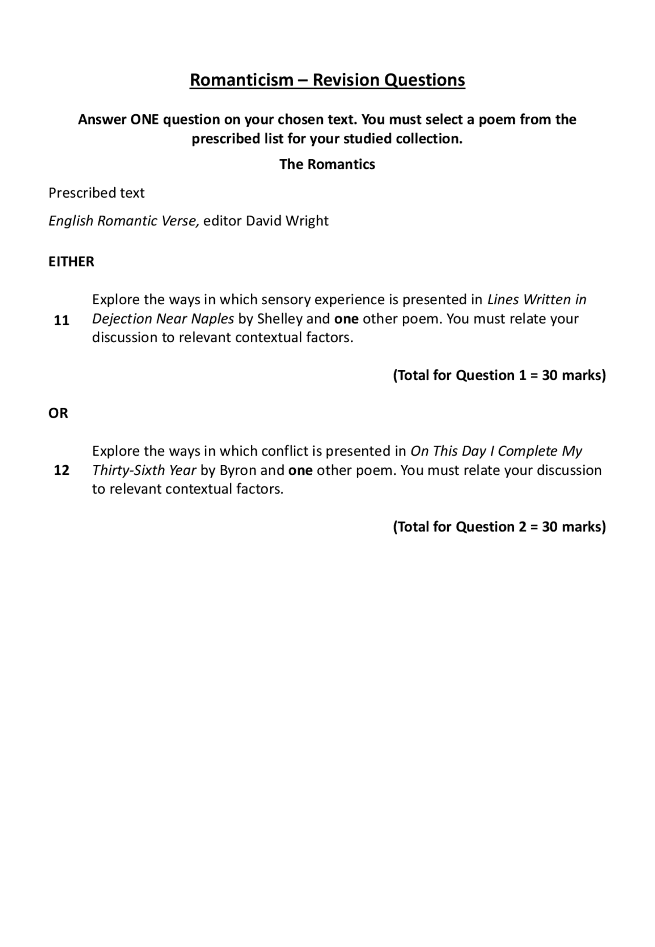 Romanticism Revision Questions Exams Literature Docsity