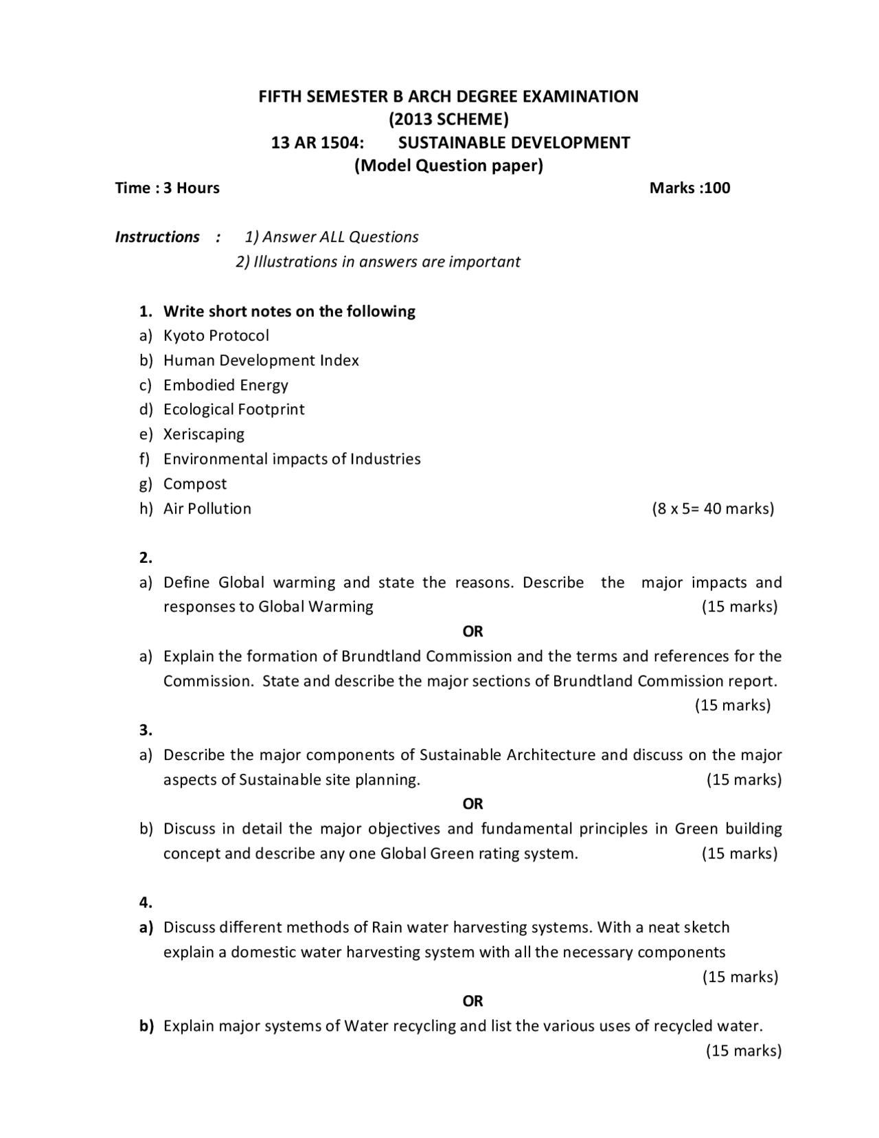 SUSTAINABLE DEVELOPMENT (Model Question paper) | Study notes ...