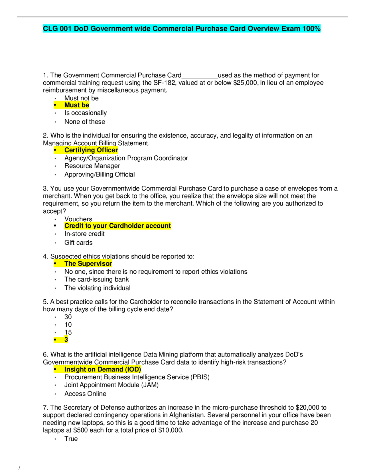/ CLG 001 DoD Government wide Commercial Purchase Card Overview Exam ...