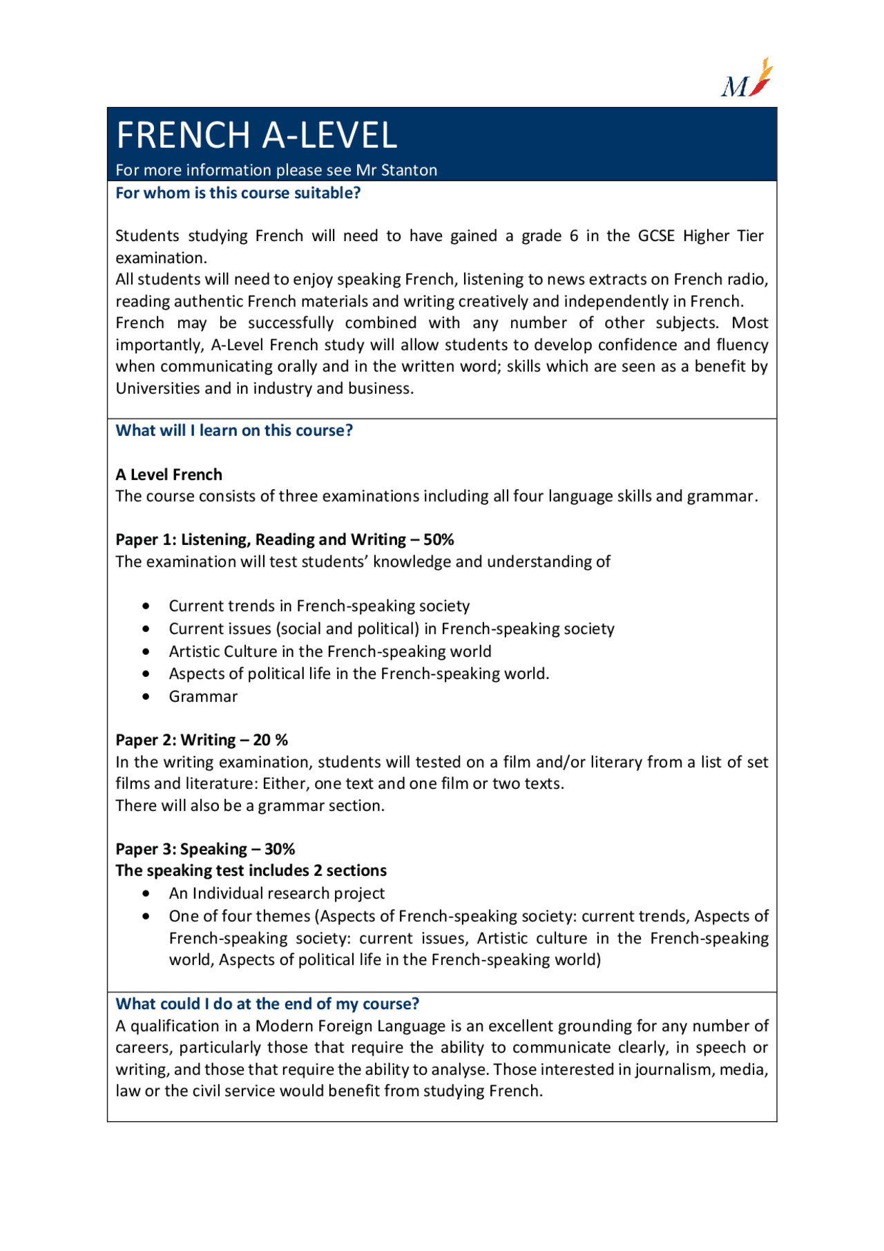 A-Level French Course | Summaries French | Docsity