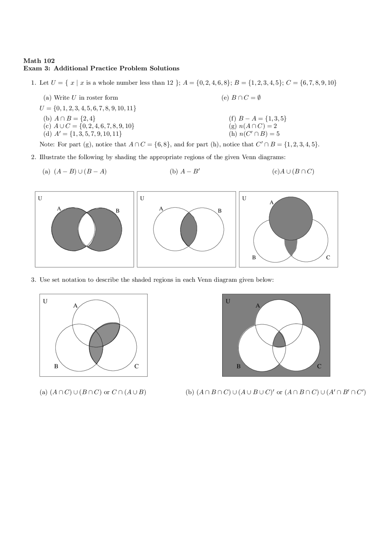Math 102 Exam 3: Additional Practice Problem Solutions | Study notes ...