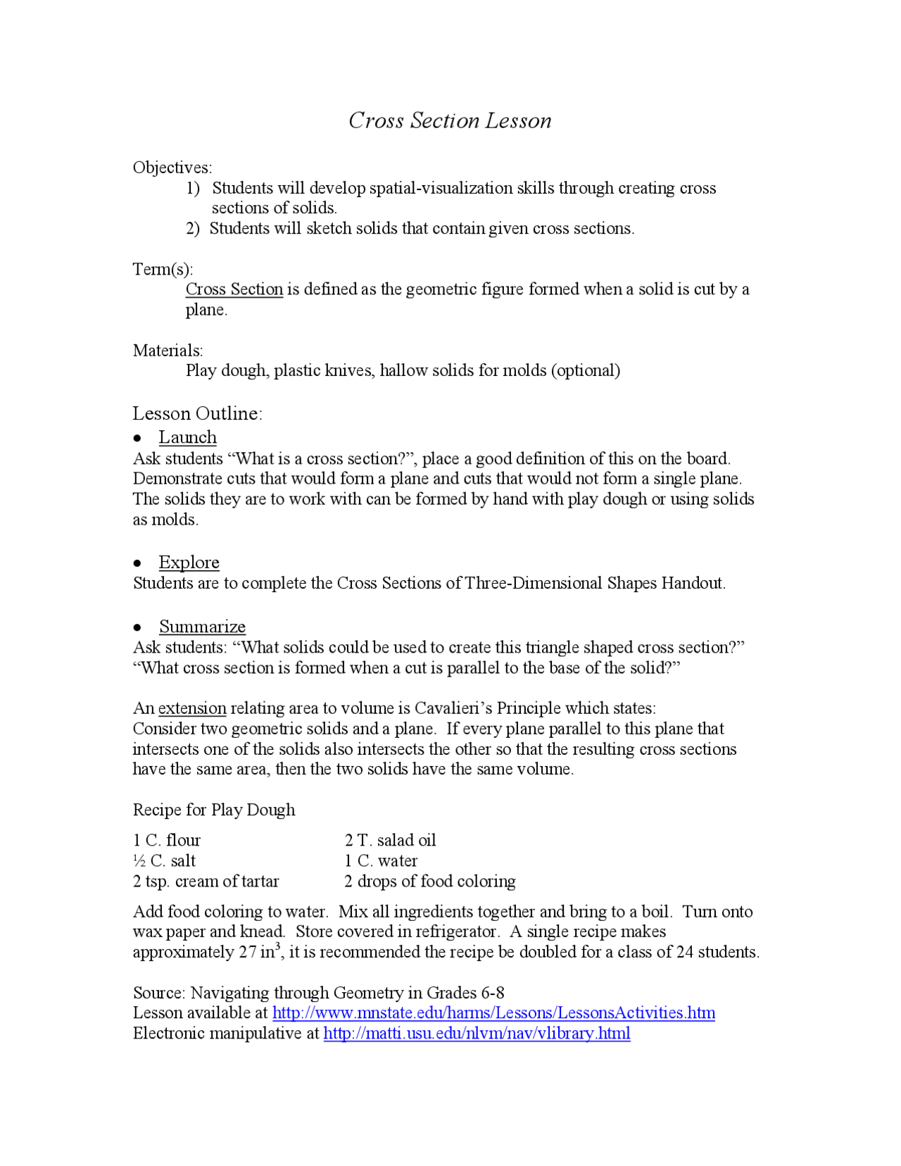 Cross Section Lesson Objectives | Exercises Geometry | Docsity
