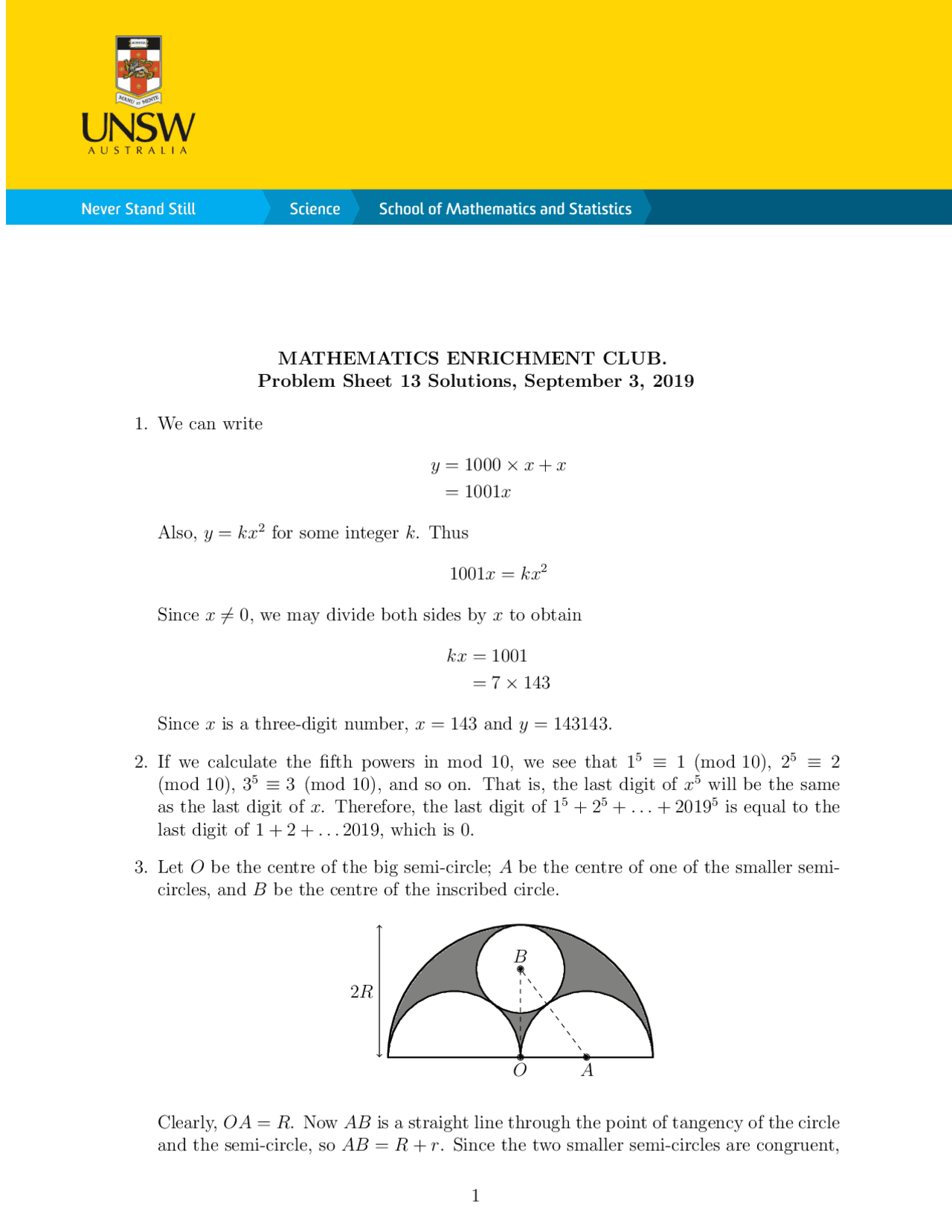 Mathematics Enrichment Club Problem Sheet 13 Solutions Exercises