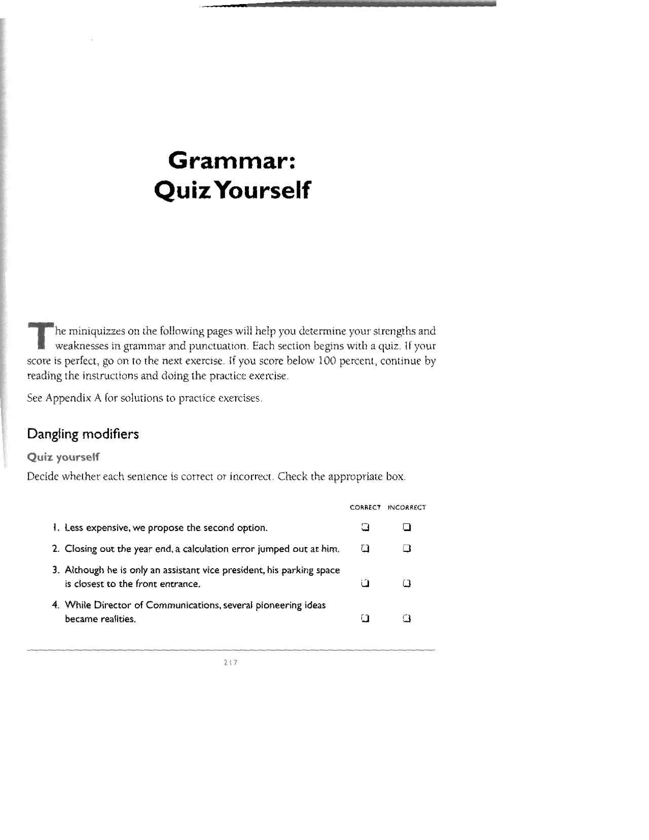 Grammar Quiz And Guideline For Dangling Modifiers And Consistency In Writing Lecture Notes