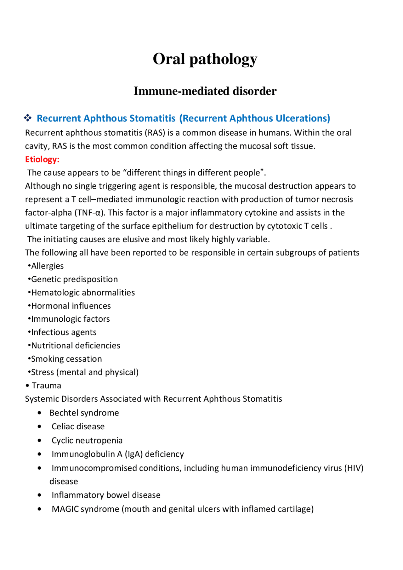 Oral Pathology Lecture Notes Pathology Docsity