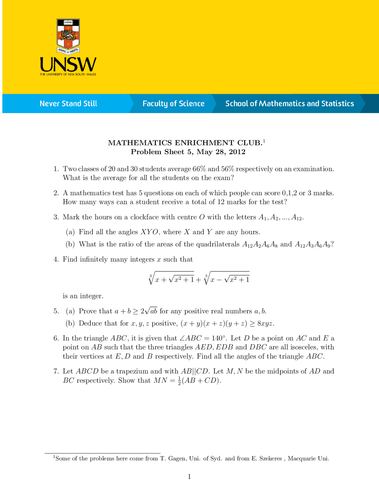 Mathematics Enrichment Club Problem Sheet 5 Exams Mathematics Docsity