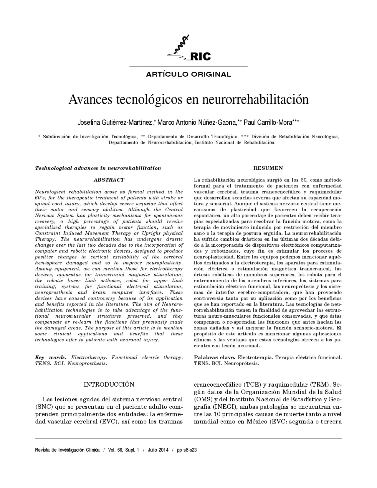 Avances tecnologicos en neurorehabilitación | Transcripciones de Neurología | Docsity