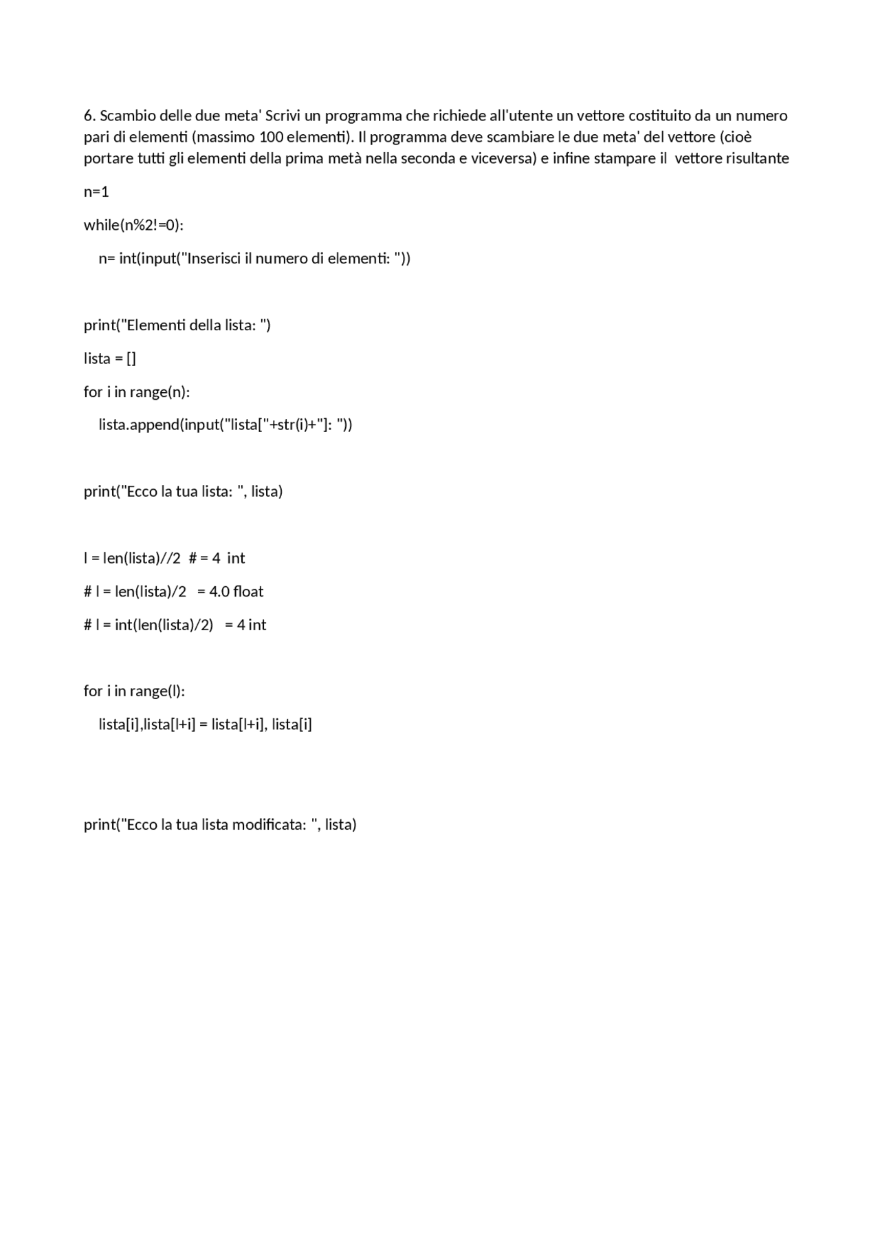 Esercizio su liste in python che scambia il contenuto | Esercizi di Informatica | Docsity