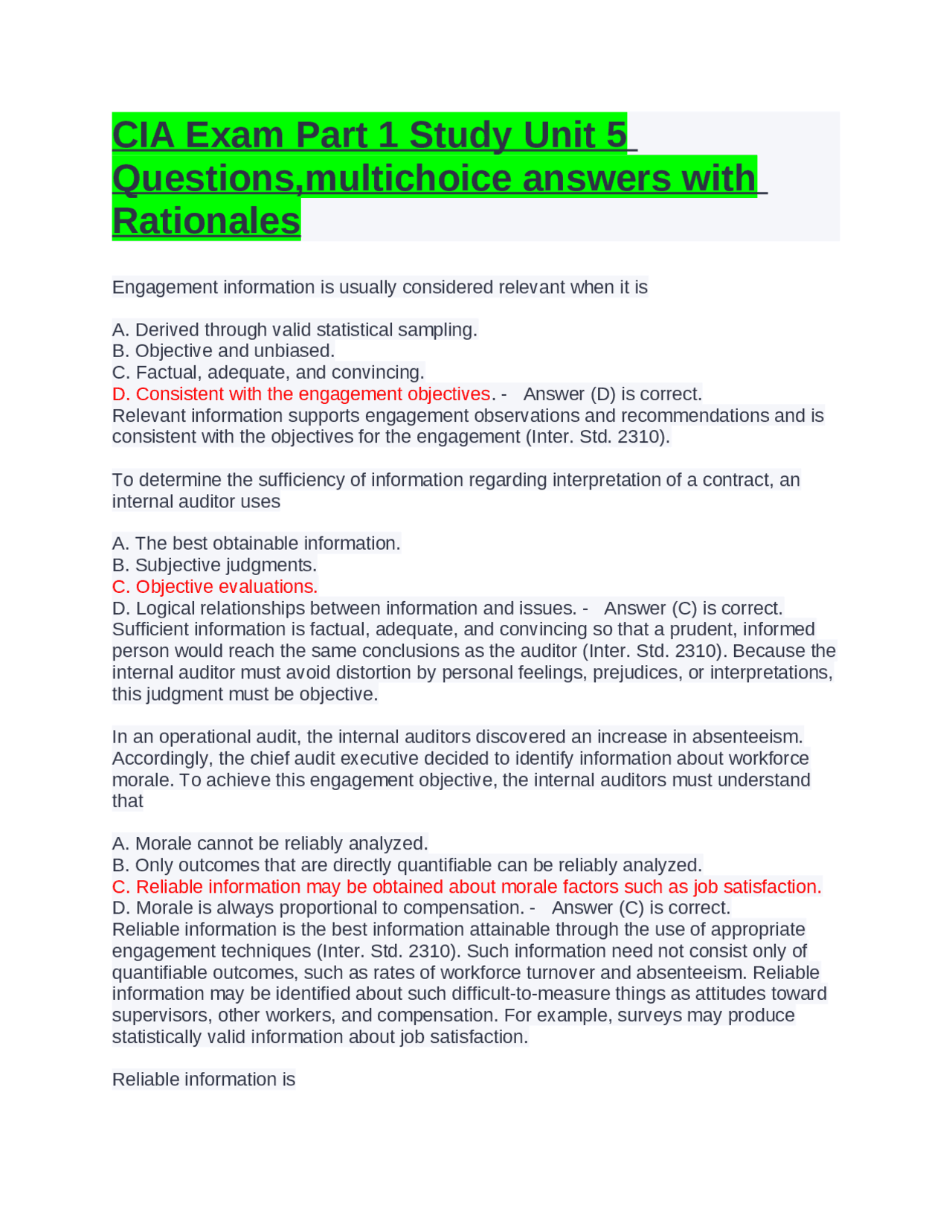 CIA Exam Part 1 Study Unit 5 Questions,multichoice answers with ...