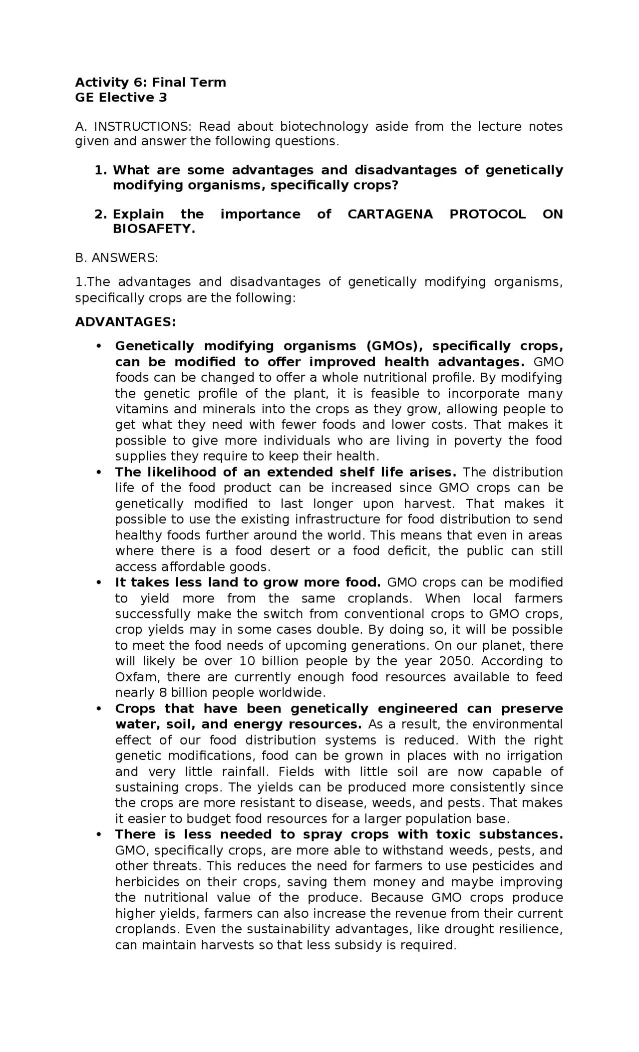 Biotechnology Exercise Exercises Environmental Science Docsity