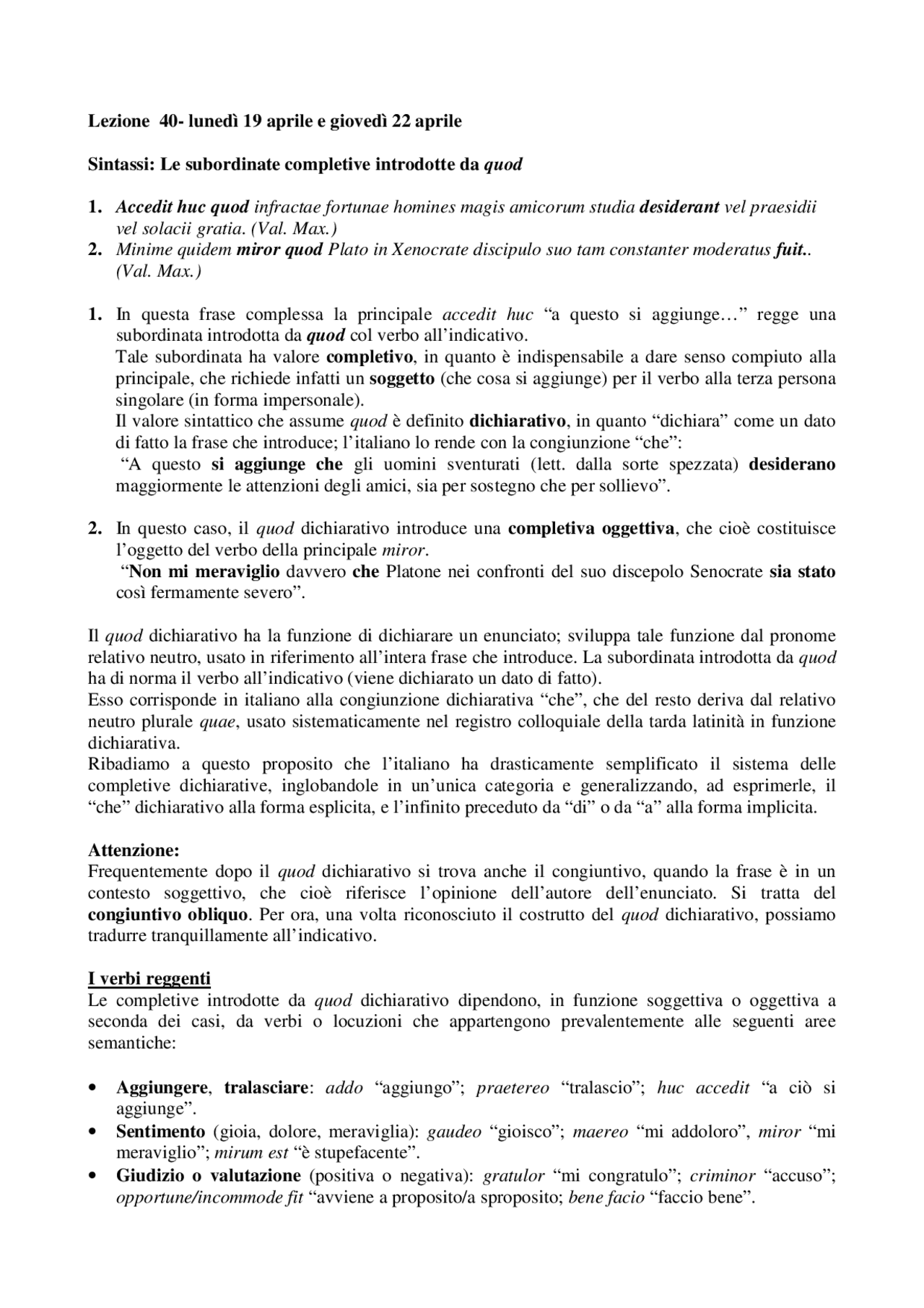 Completive Dichiarative E Usi Di Quod Dispense Di Lingua Latina Docsity