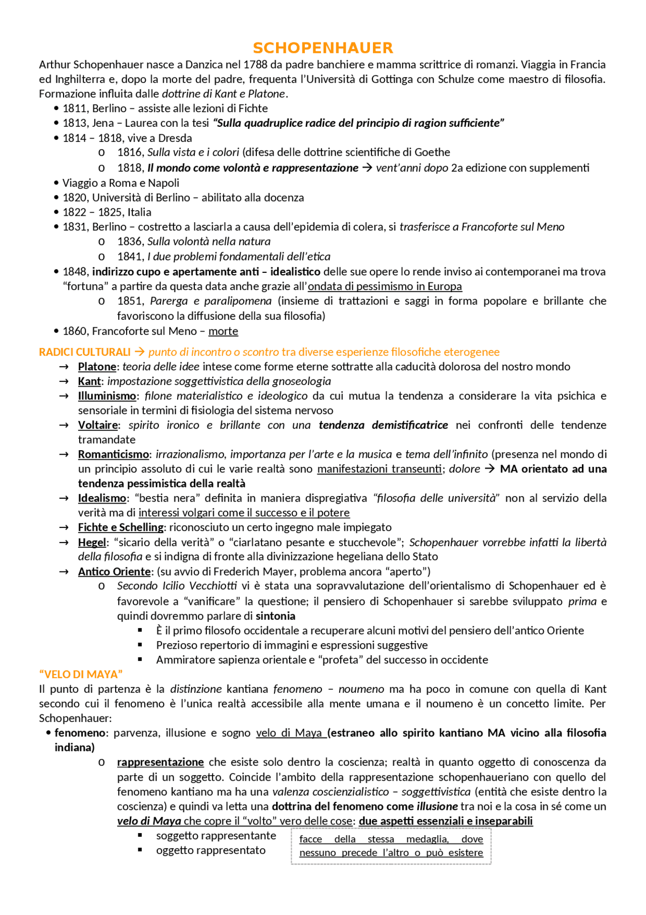 Schopenhauer filosofia | Schemi e mappe concettuali di Filosofia | Docsity