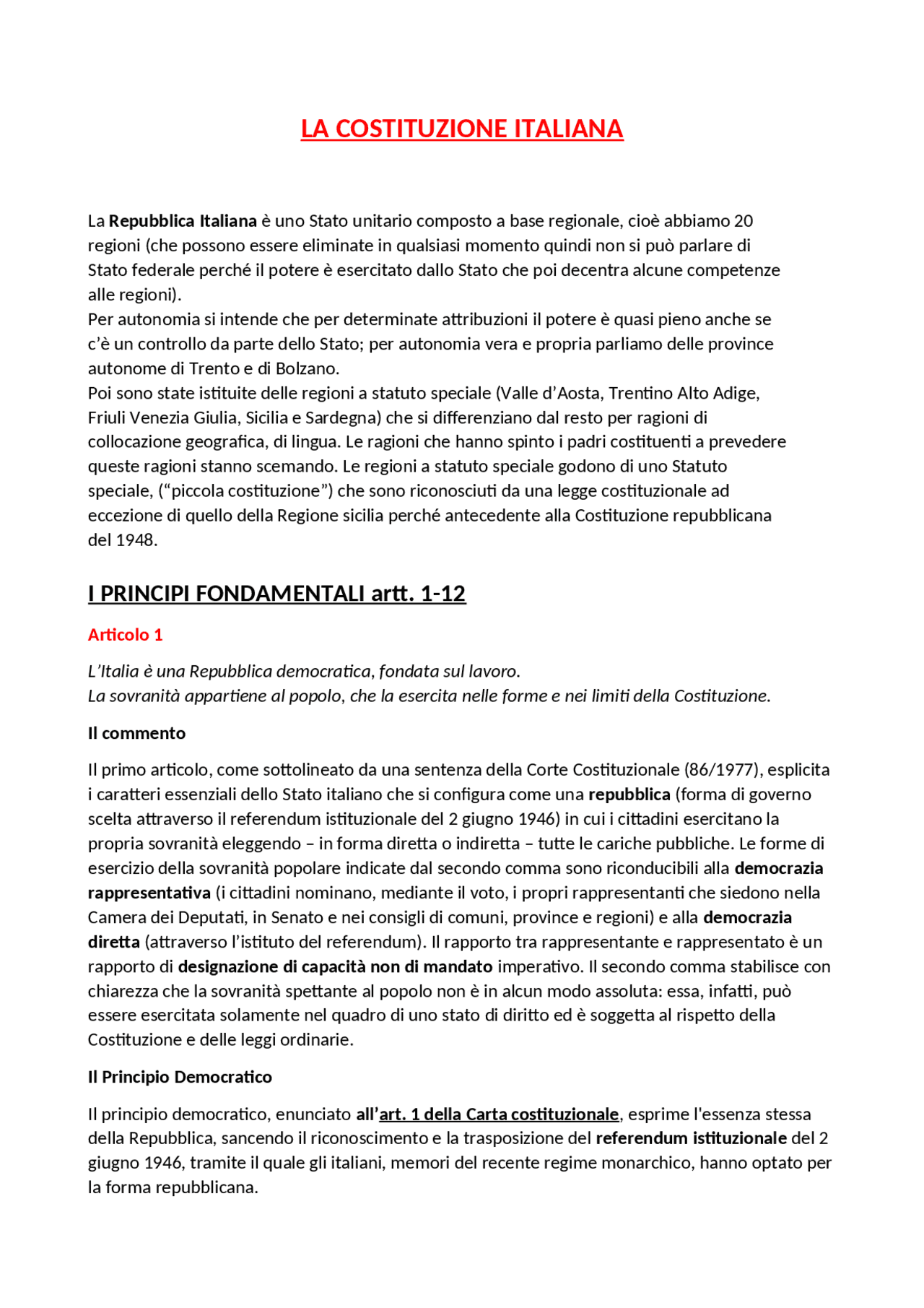 La costituzione italiana commentata | Appunti di Diritto Pubblico | Docsity