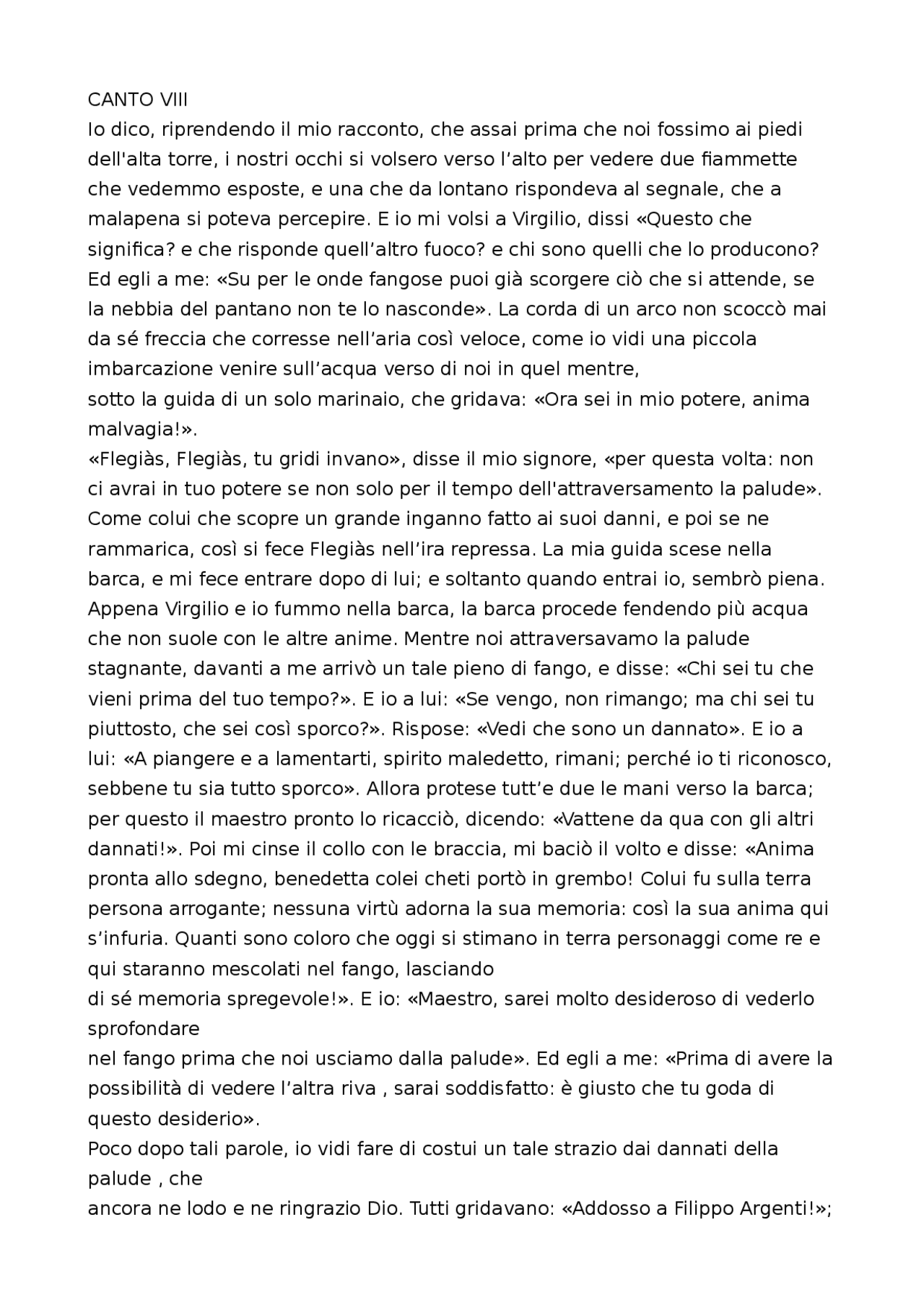 Canto 8 inferno parafrasi | Esercizi di Italiano | Docsity