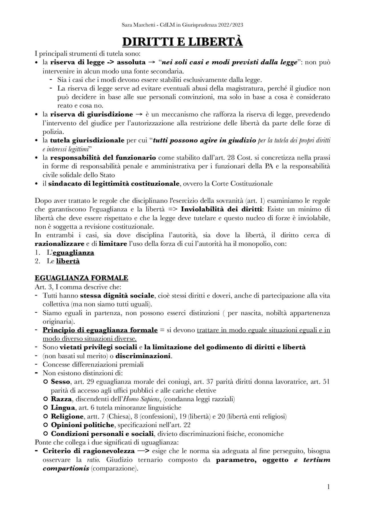 Riassunto diritti e libertà | Dispense di Istituzioni di Diritto Pubblico | Docsity