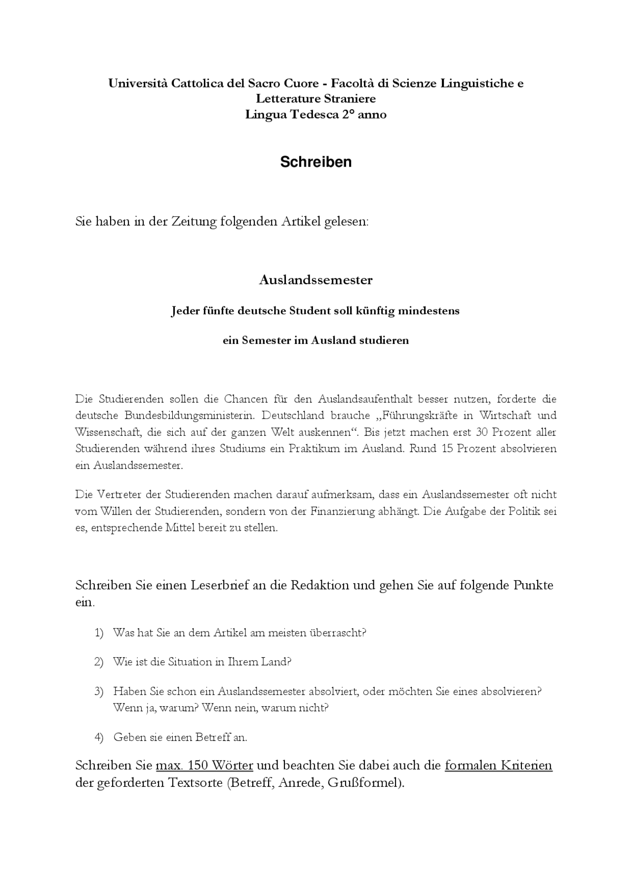 Esempio Prova Desame Scritta Tedesco Ii Prove Desame Di Lingua