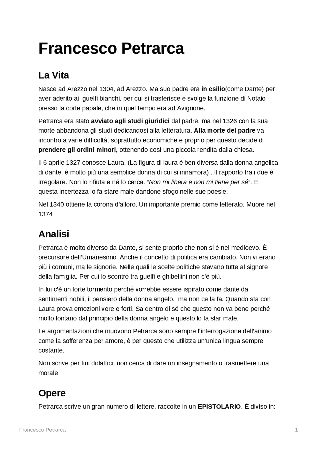 Autore italiano: Francesco Petrarca | Appunti di Italiano | Docsity