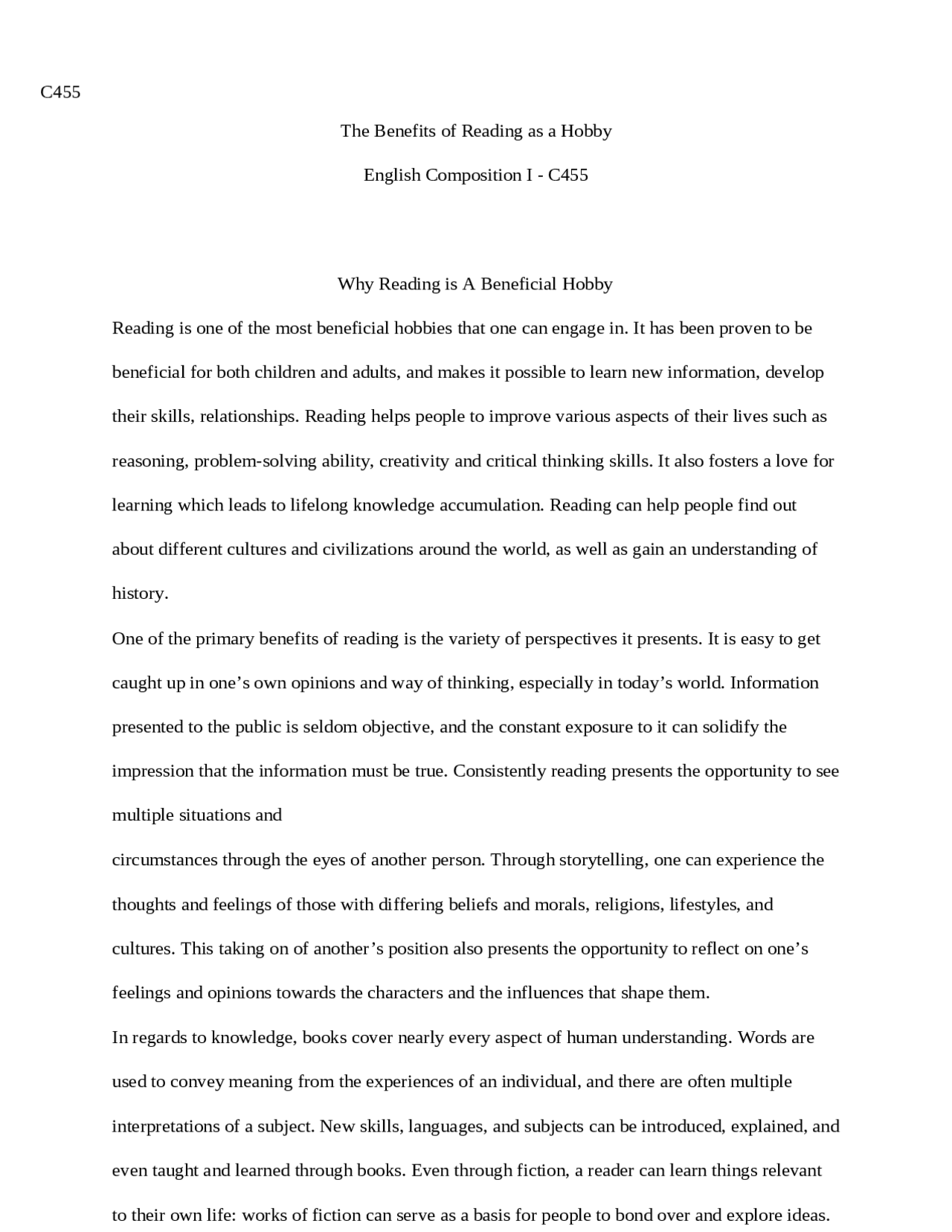 The Benefits of Reading as a Hobby | Essays (university) Financial ...