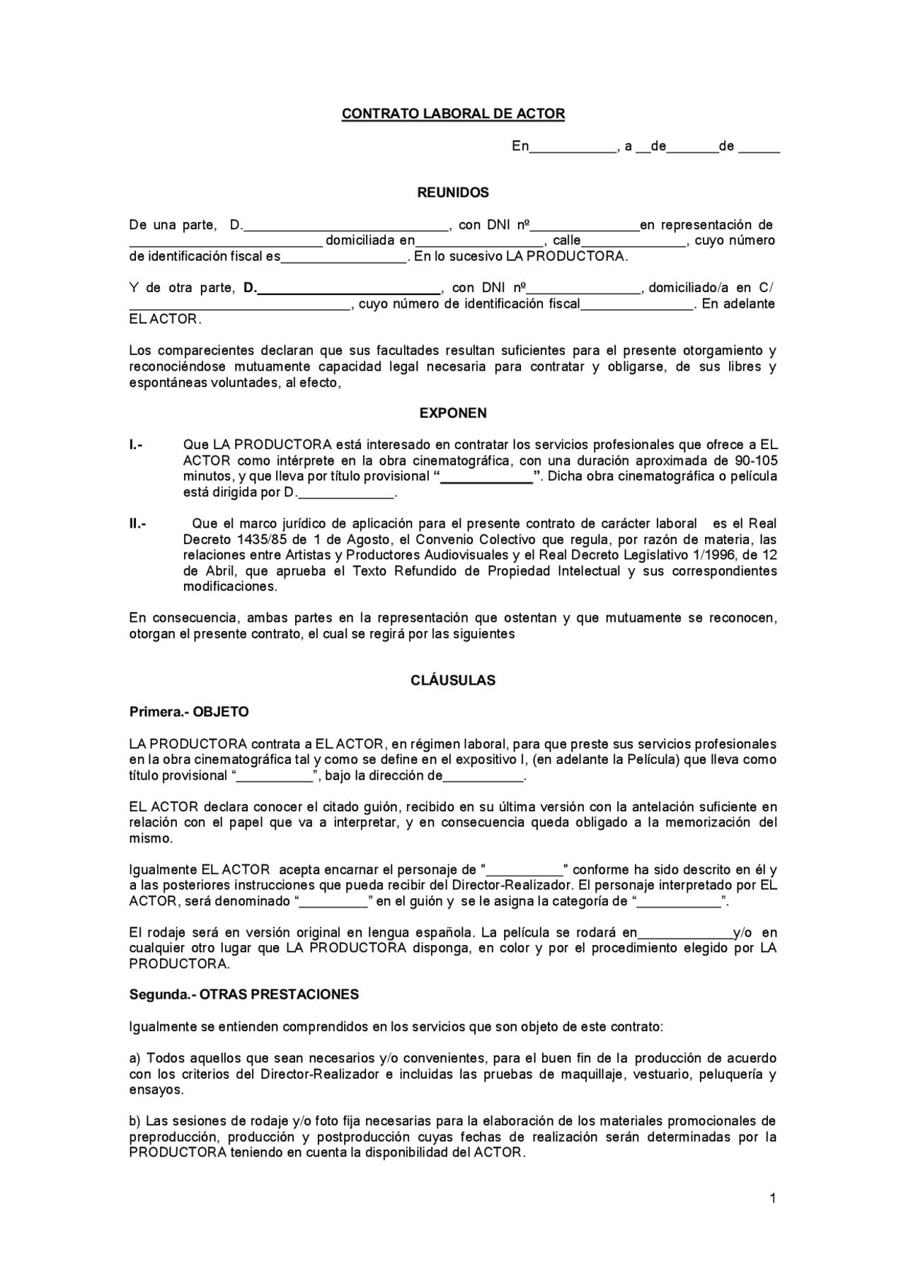 Ejemplo contrato actor | Ejercicios de Derecho | Docsity