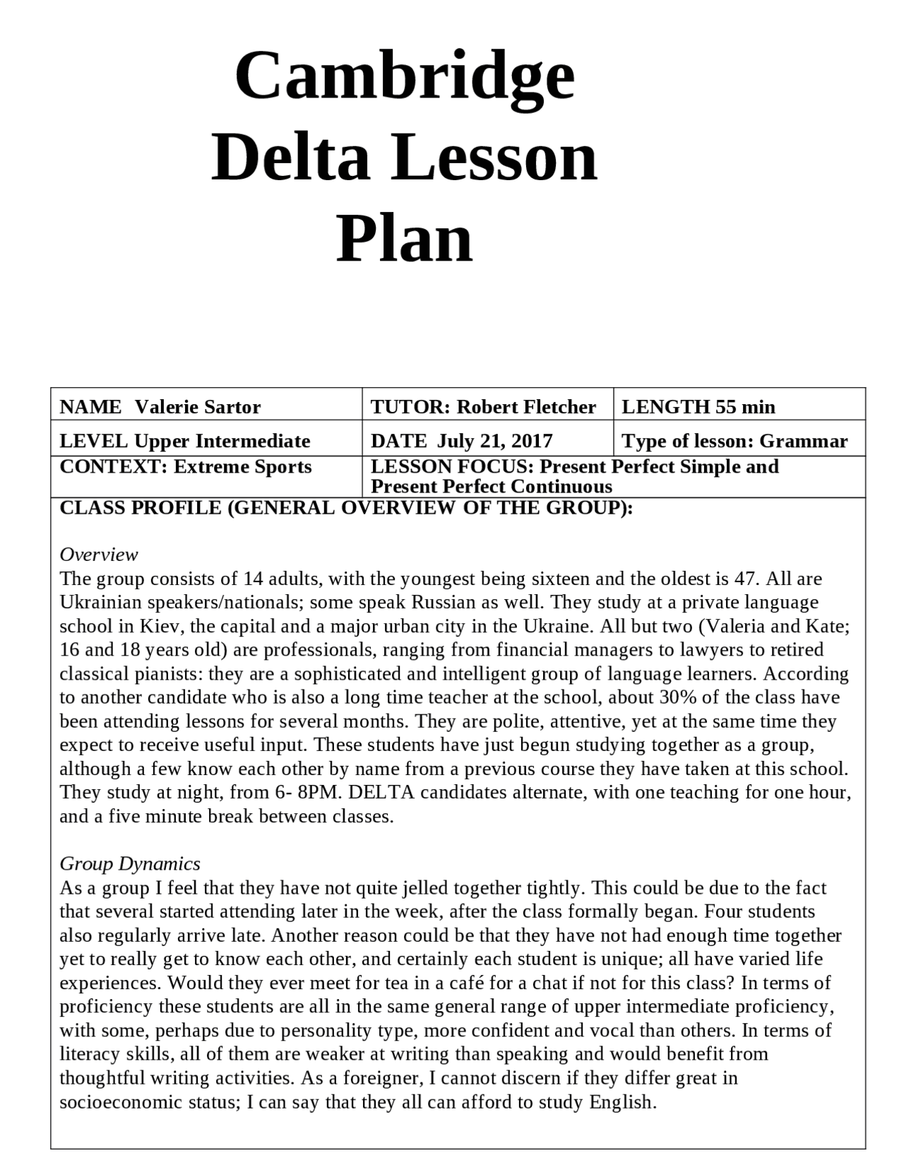 Cambridge Delta Lesson Plan | Exams English Literature | Docsity