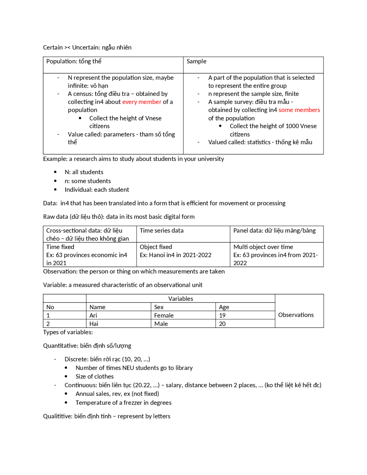 Subject Statistics in NEU | Study notes Statistics | Docsity