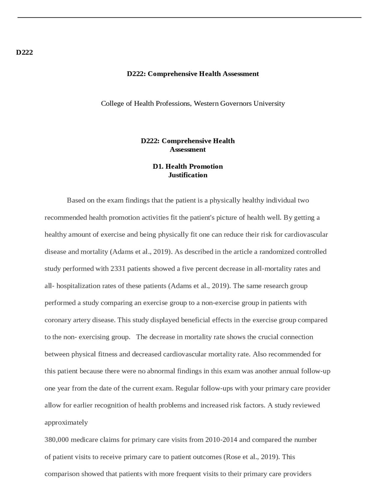 D222 D222: Comprehensive Health Assessment College of Health ...