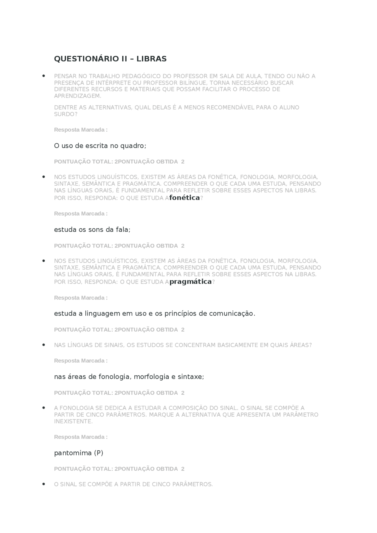 Questionário de Libras II | Provas Matemática | Docsity