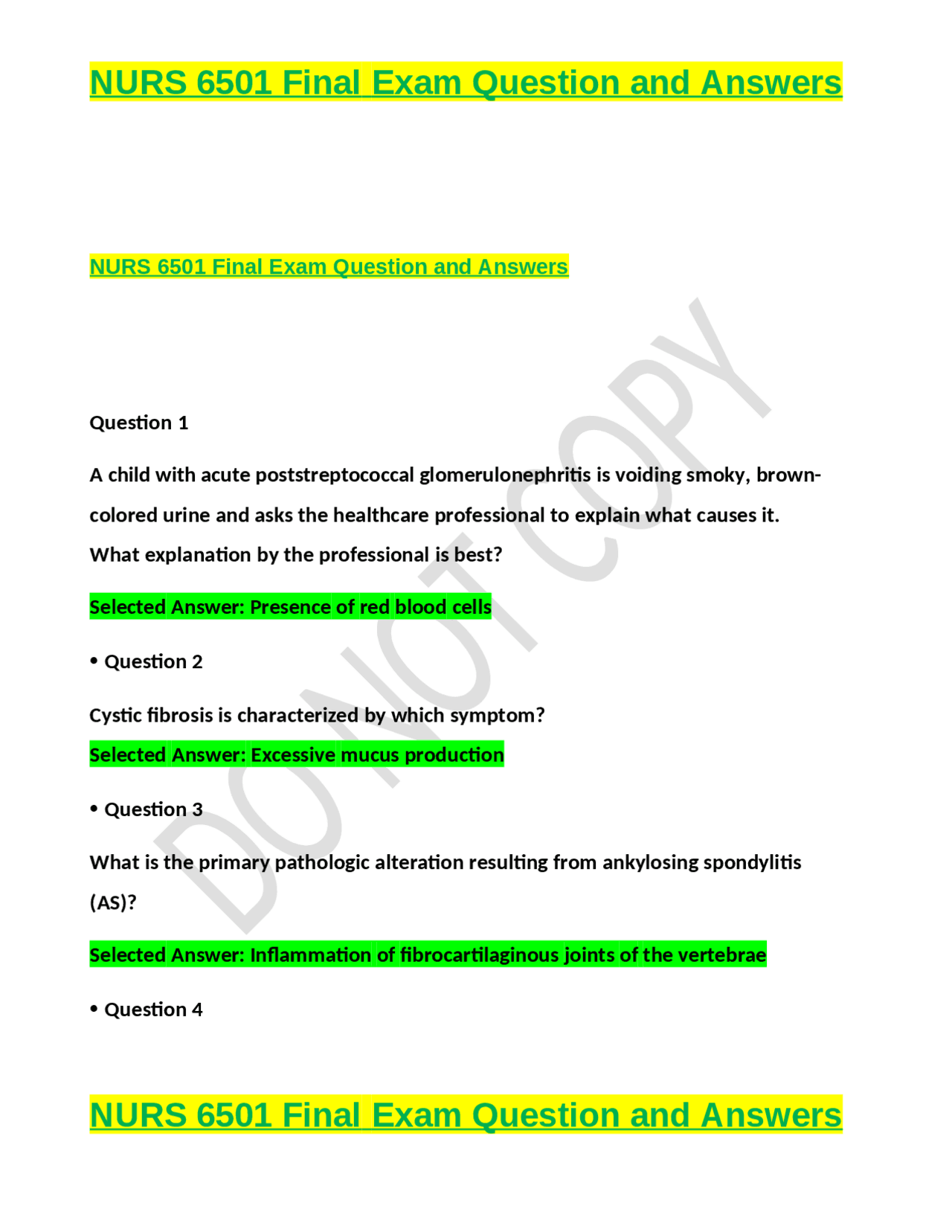 Nurs 6501 Final Exam Question And Answers Exams Nursing Docsity