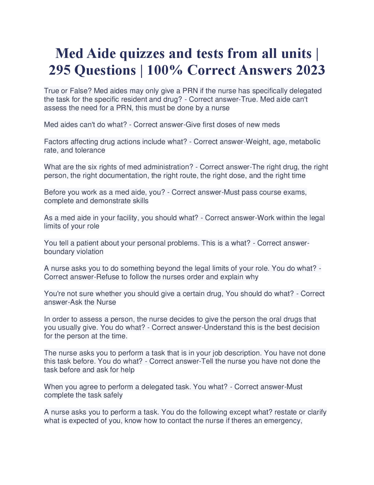 Med Aide Quizzes And Tests From All Units 295 Questions 100 Correct