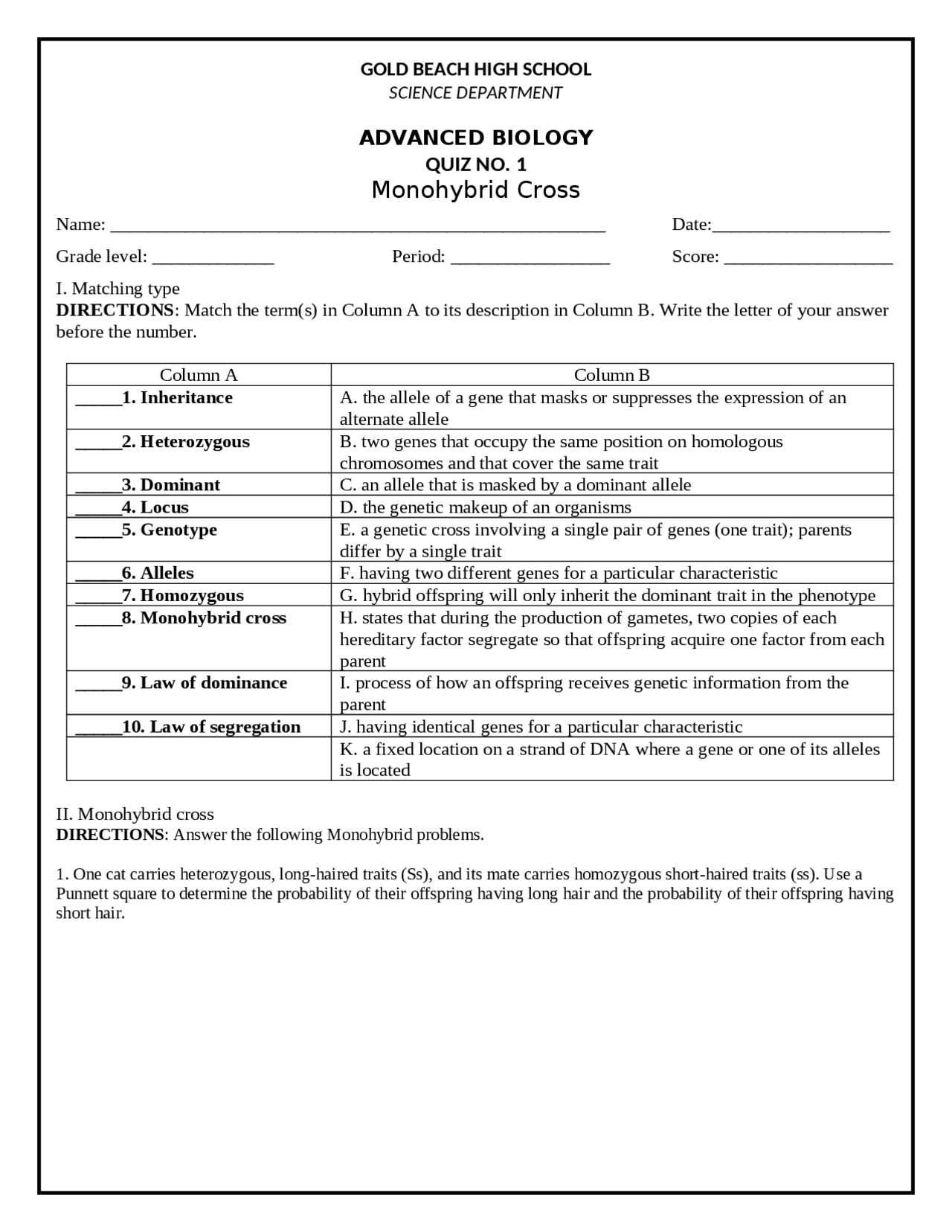 Monohybrid cross genetic cross with multiple sample problems | Quizzes ...
