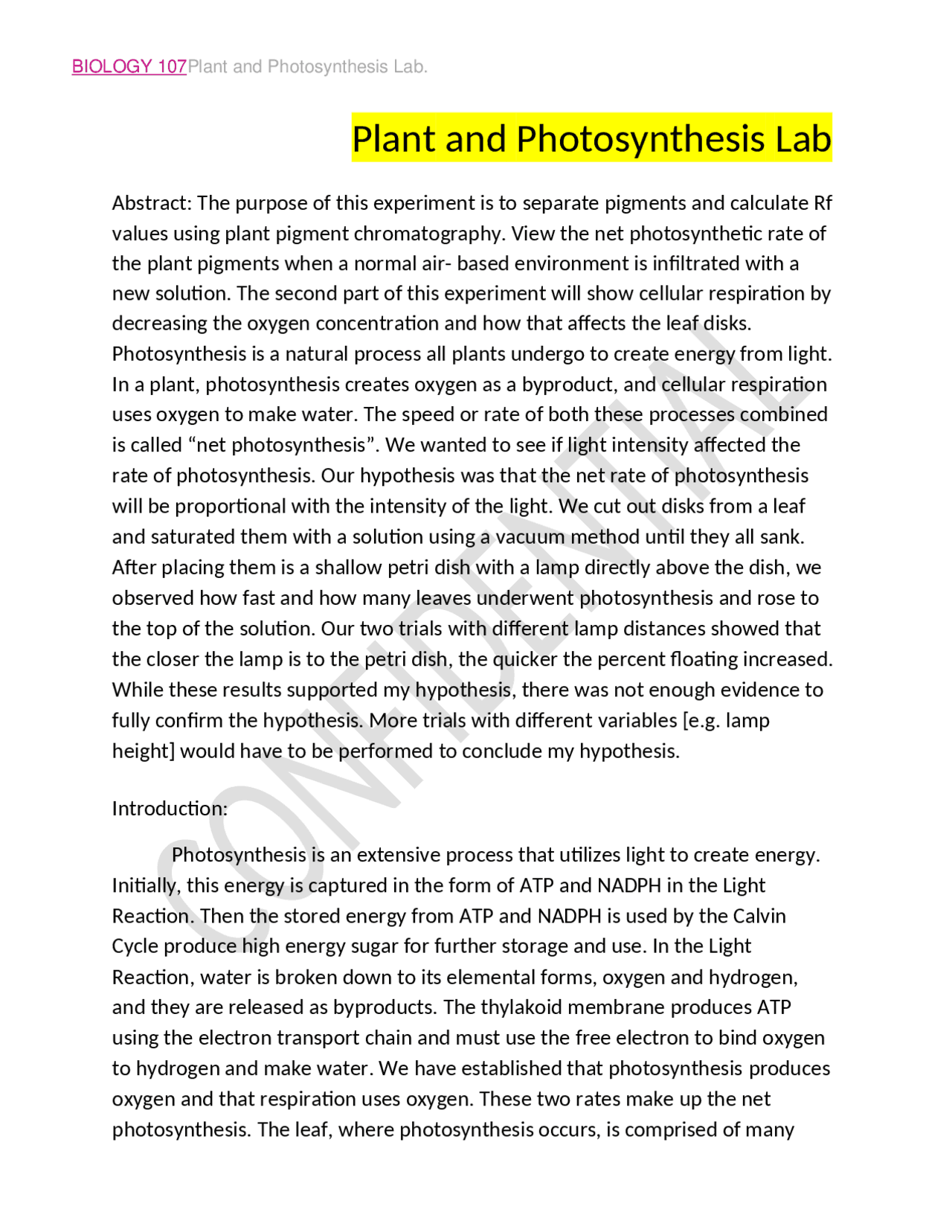 Plant and Photosynthesis Lab | Exams Biology | Docsity