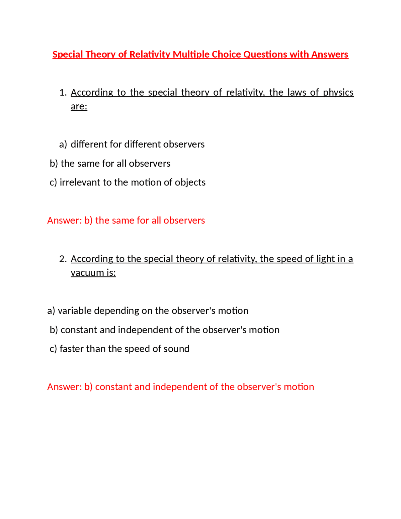 Quiz Questions About The Special Theory Of Relativity With Answers