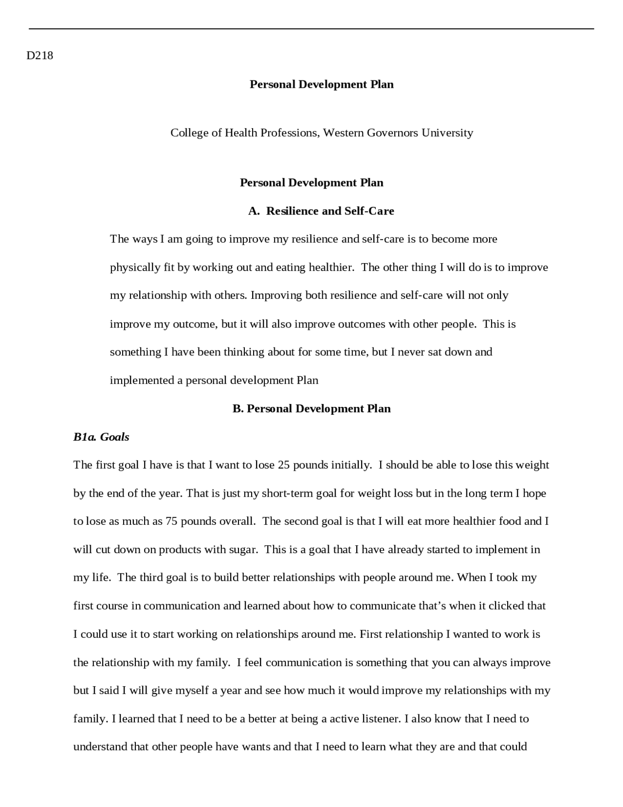 D218 Personal Development Plan College of Health Professions, Western ...