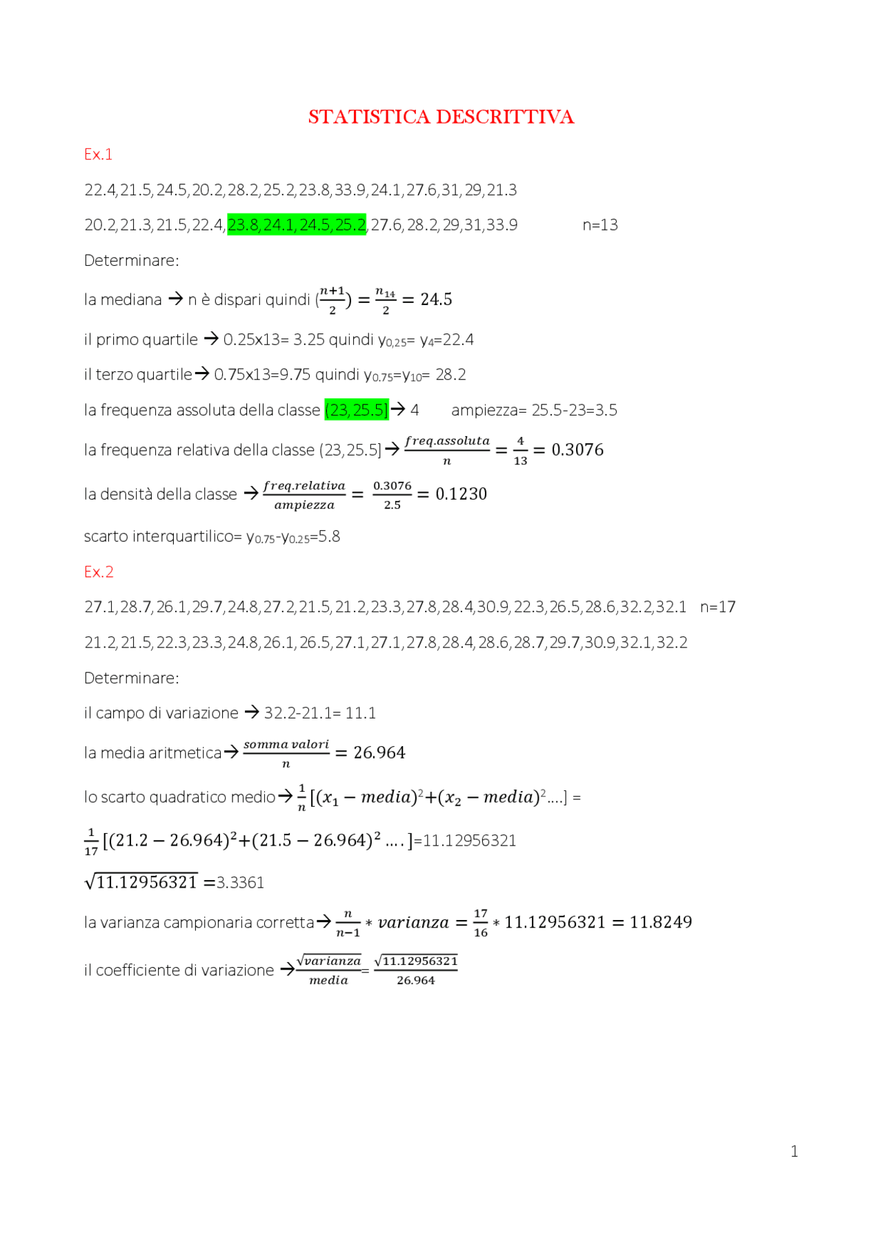 Statistica medica modulo I | Esercizi di Statistica Medica | Docsity
